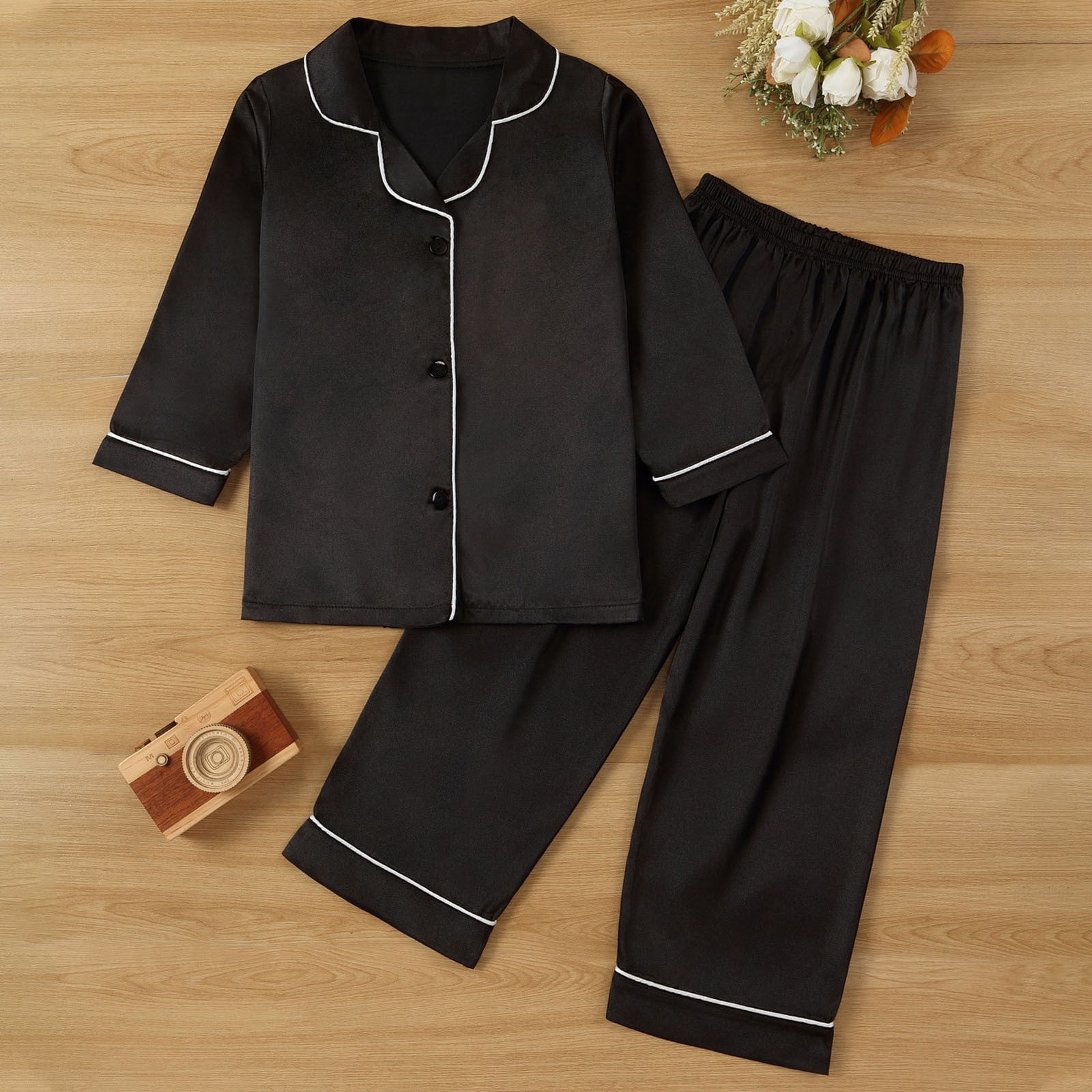 BLTIBY Baby Girls Boys Silk Pajamas Set Solid Color Long Sleeve Button ...