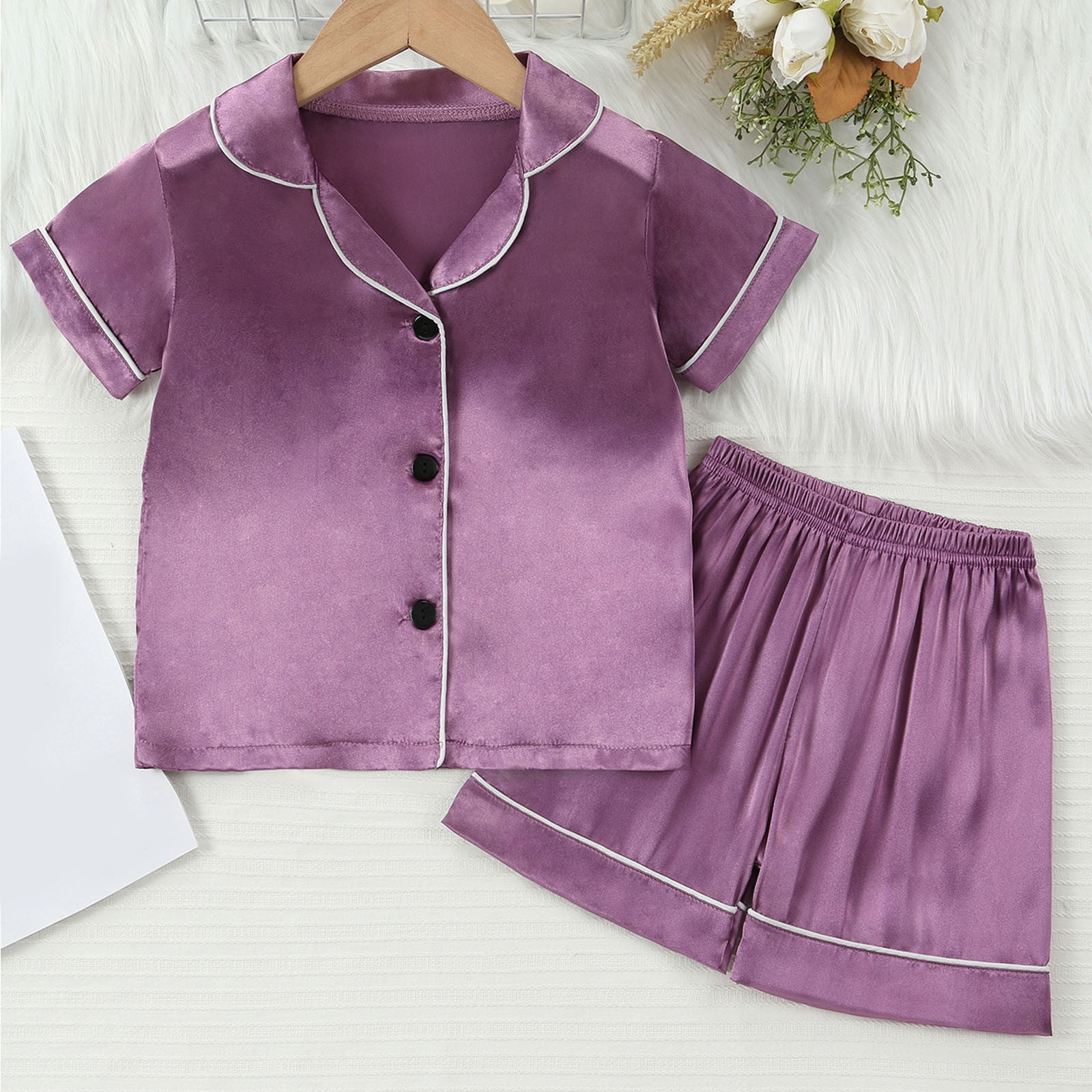 BLTIBY Baby Girls Boys Silk Pajamas Set Solid Color Short Sleeve Button ...