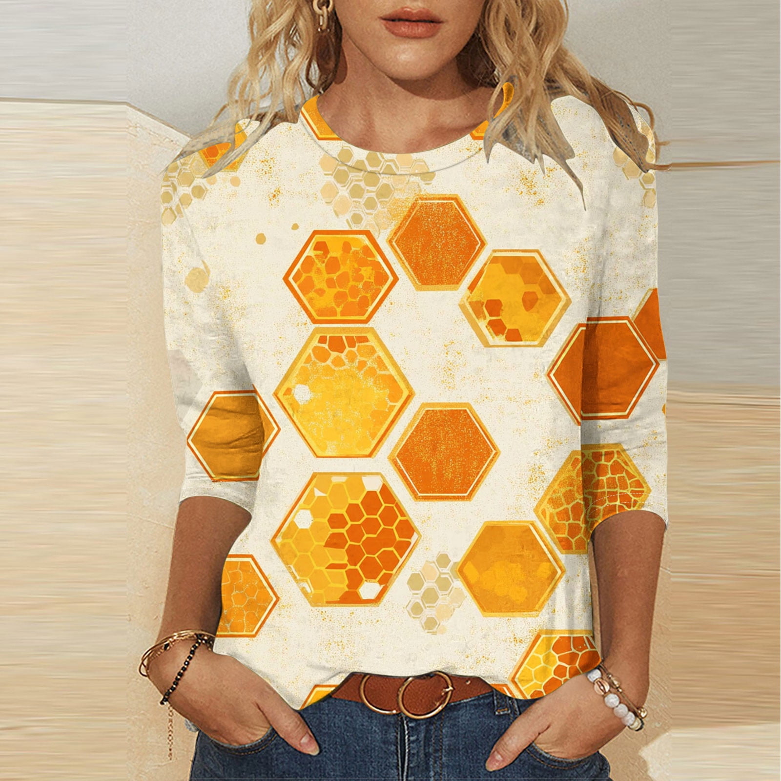 BLTIBY Bee Shirts for Women 3/4 Length Sleeve Tunic Tops Funny Cute Bee ...