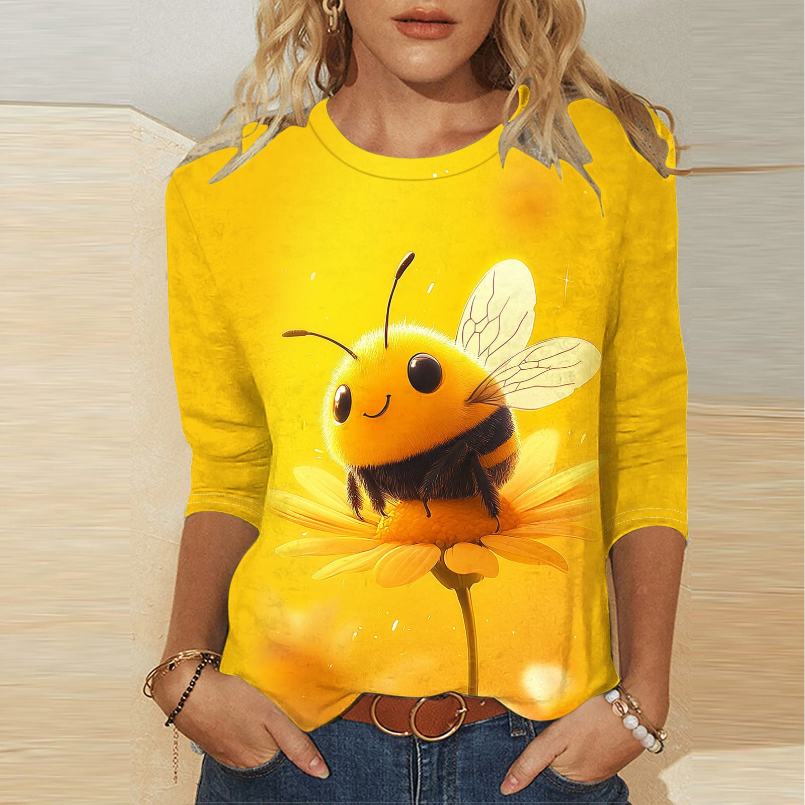 BLTIBY Bee Shirts for Women 3/4 Length Sleeve Tunic Tops Funny Cute Bee ...