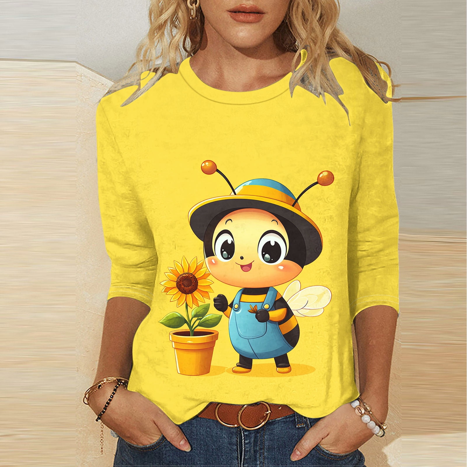 BLTIBY Bee Shirts for Women 3/4 Length Sleeve Tunic Tops Funny Cute Bee ...