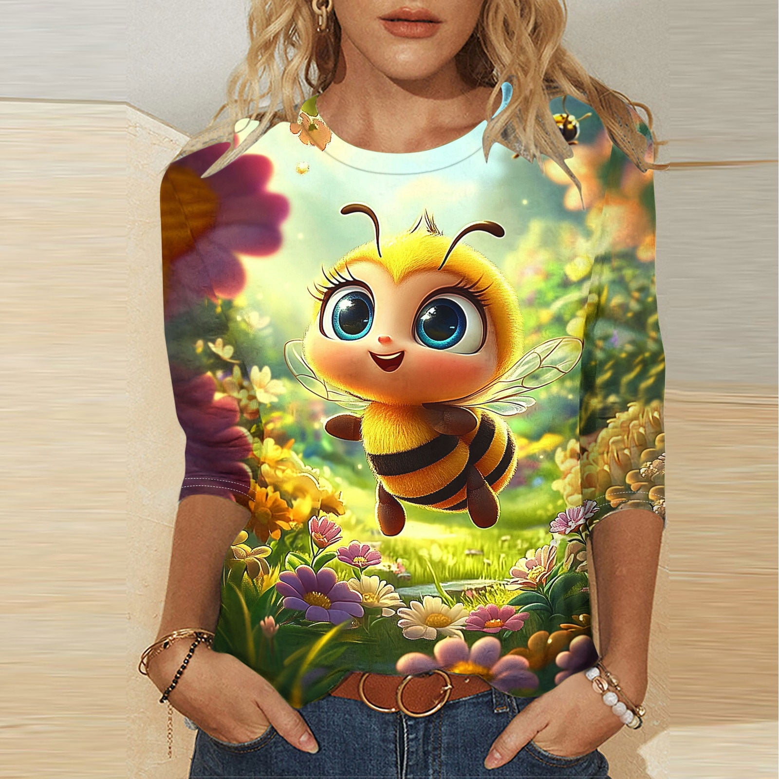 BLTIBY Bee Shirts for Women 3/4 Length Sleeve Tunic Tops Funny Cute Bee ...
