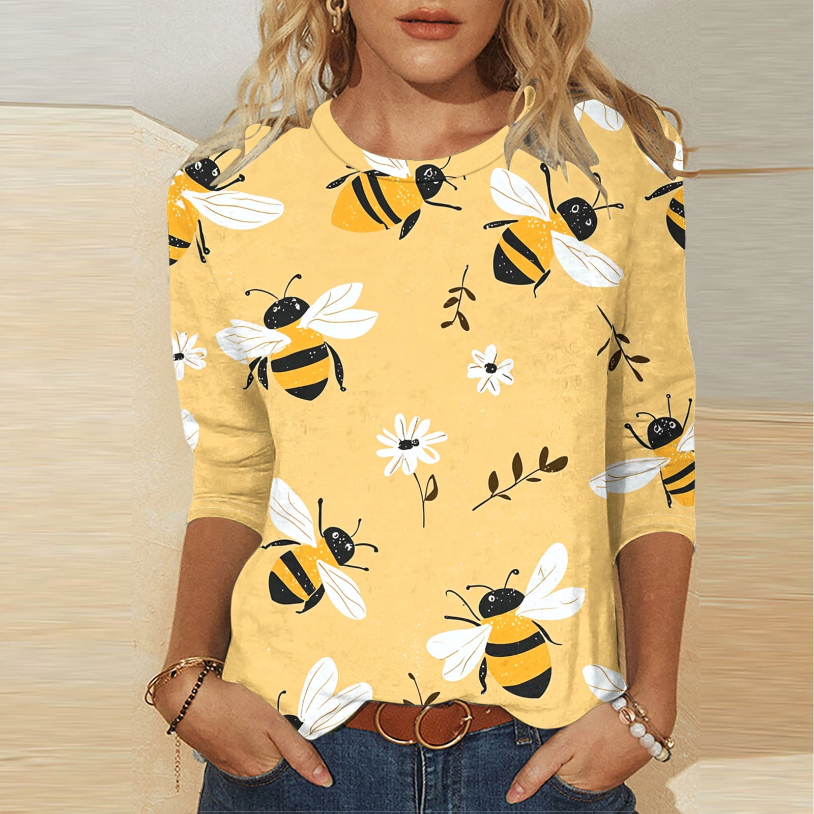 BLTIBY Bee Shirts for Women 3/4 Length Sleeve Tunic Tops Funny Cute Bee ...