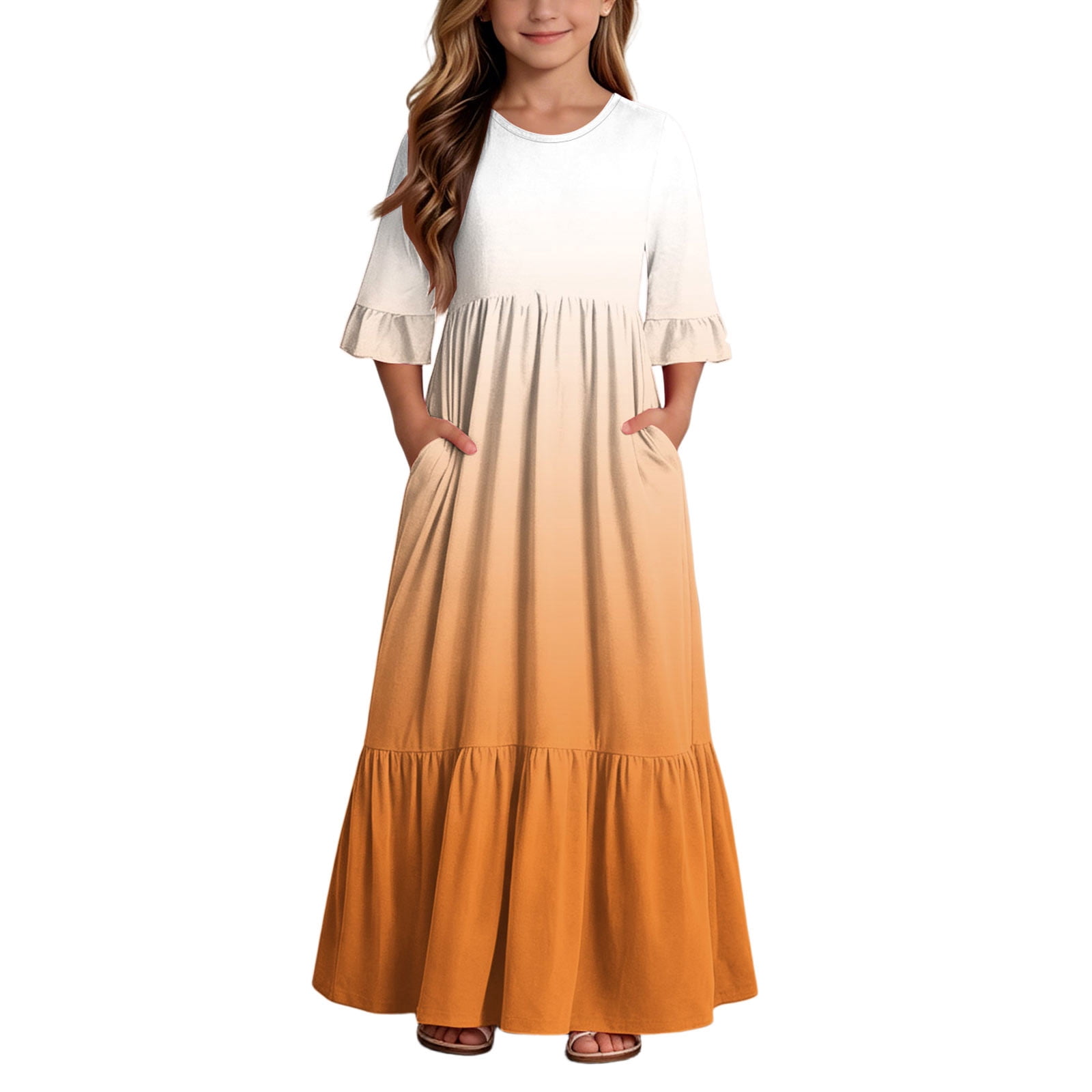 BLTIBY Boho Dresses for Girls Gradient Printed Crew Neck Maxi Dress ...
