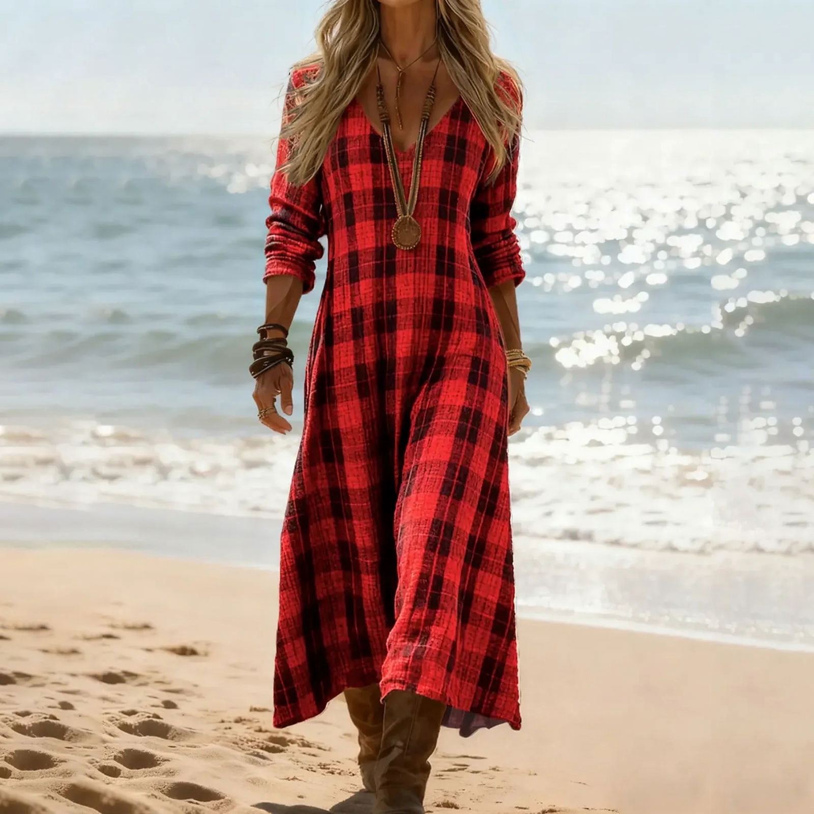 BLTIBY Boho Swing Plaid Dress for Women Loose V Neck Long Sleeve Spring ...