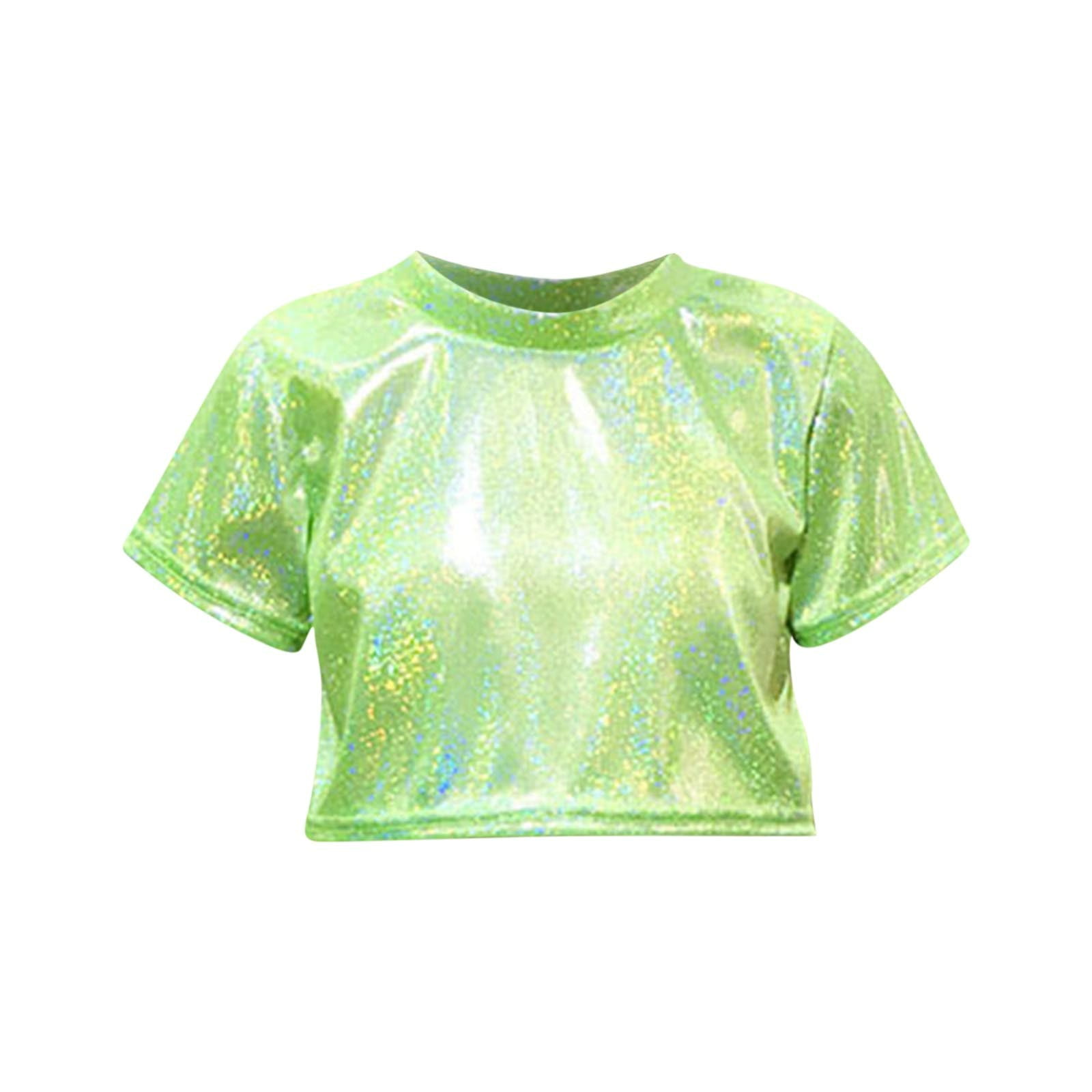 BLTIBY Children Sequin Short Sleeve T-shirt with Exposed Waist Girls ...