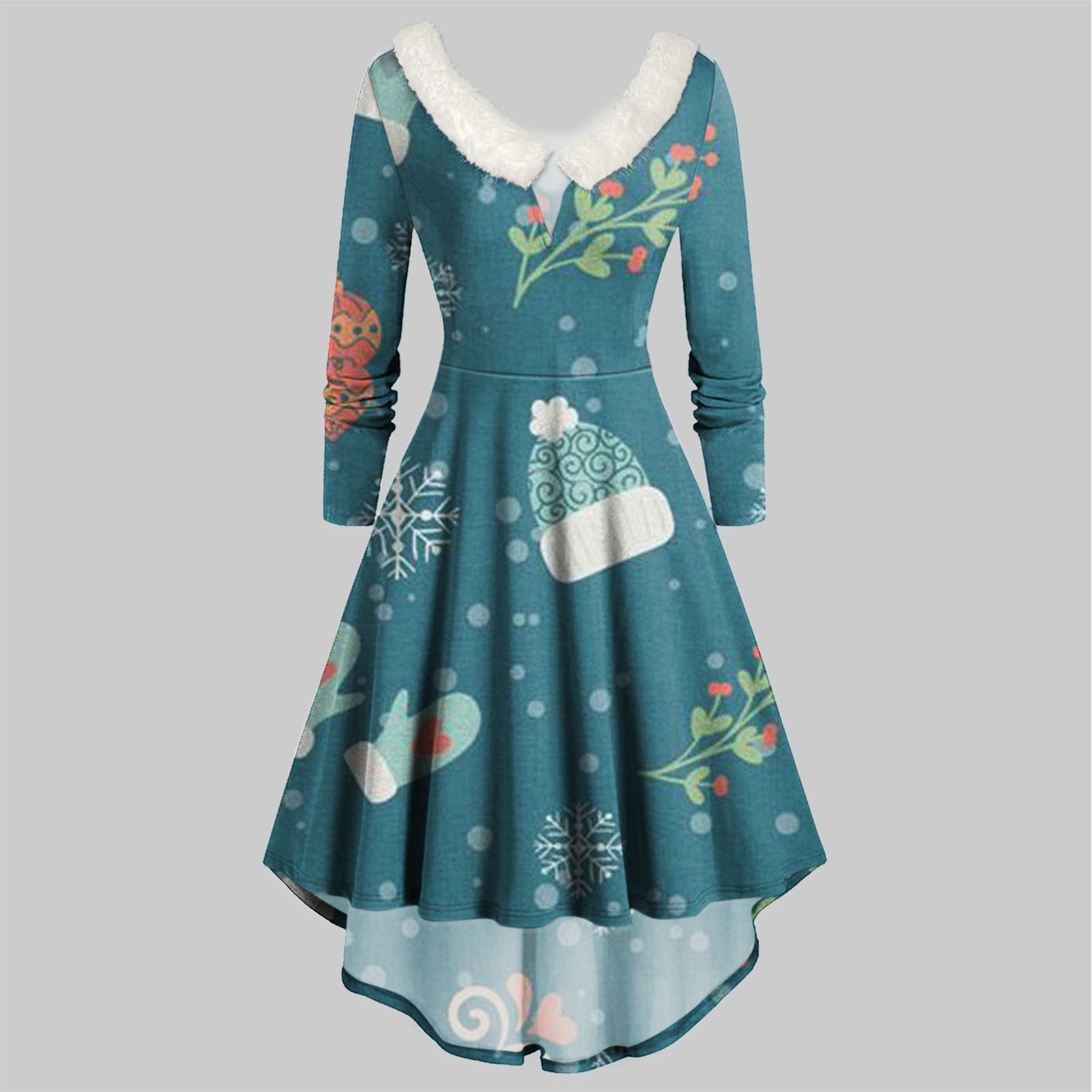 BLTIBY Christmas High Low Dress for Women Long Sleeve Printed Fuzzy V ...