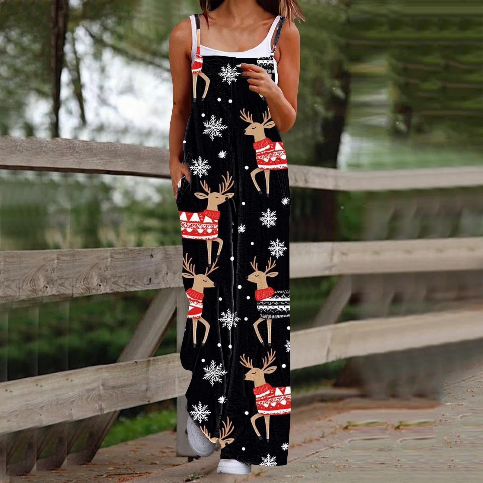 BLTIBY Christmas Jumpsuit for Women Xmas Printed Rompers Spaghetti ...