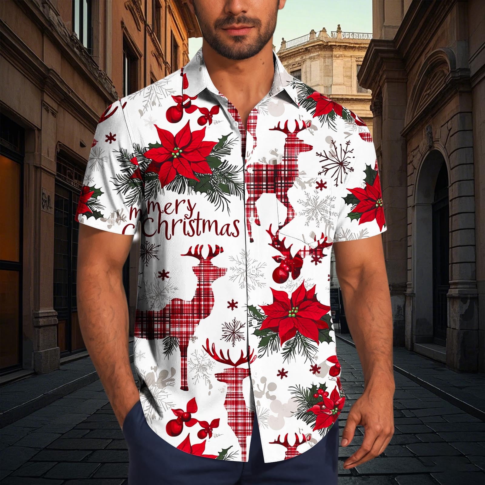 BLTIBY Christmas Shirt for Men Button Down Short Sleeve Lapel Hawaiian ...