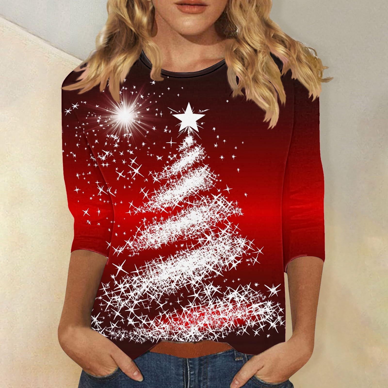 BLTIBY Christmas Shirt for Women 3/4 Length Sleeve Printed Top Round ...