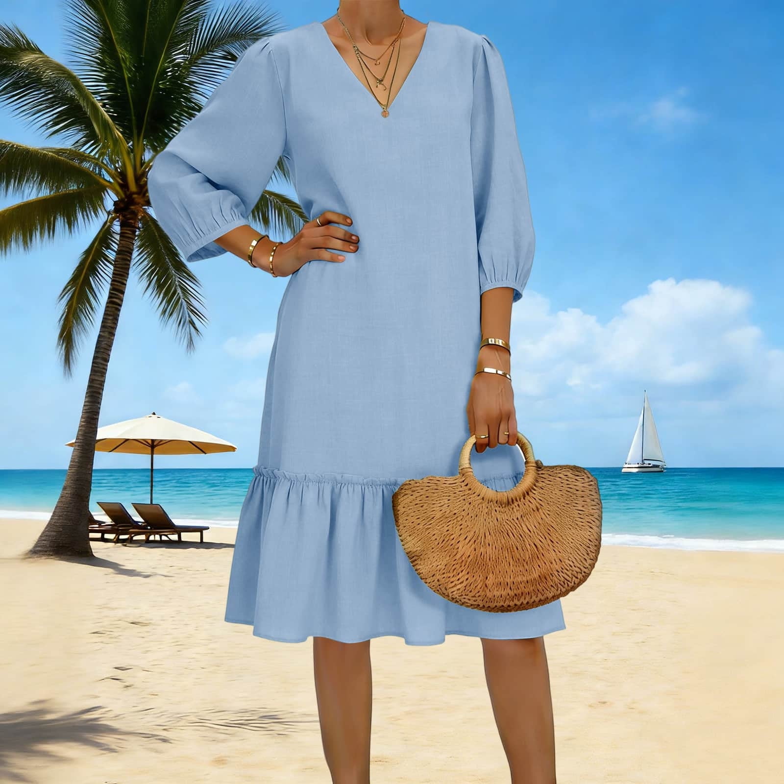 BLTIBY Cotton Linen Midi Dress for Women Summer 3/4 Sleeve Flowy V Neck ...