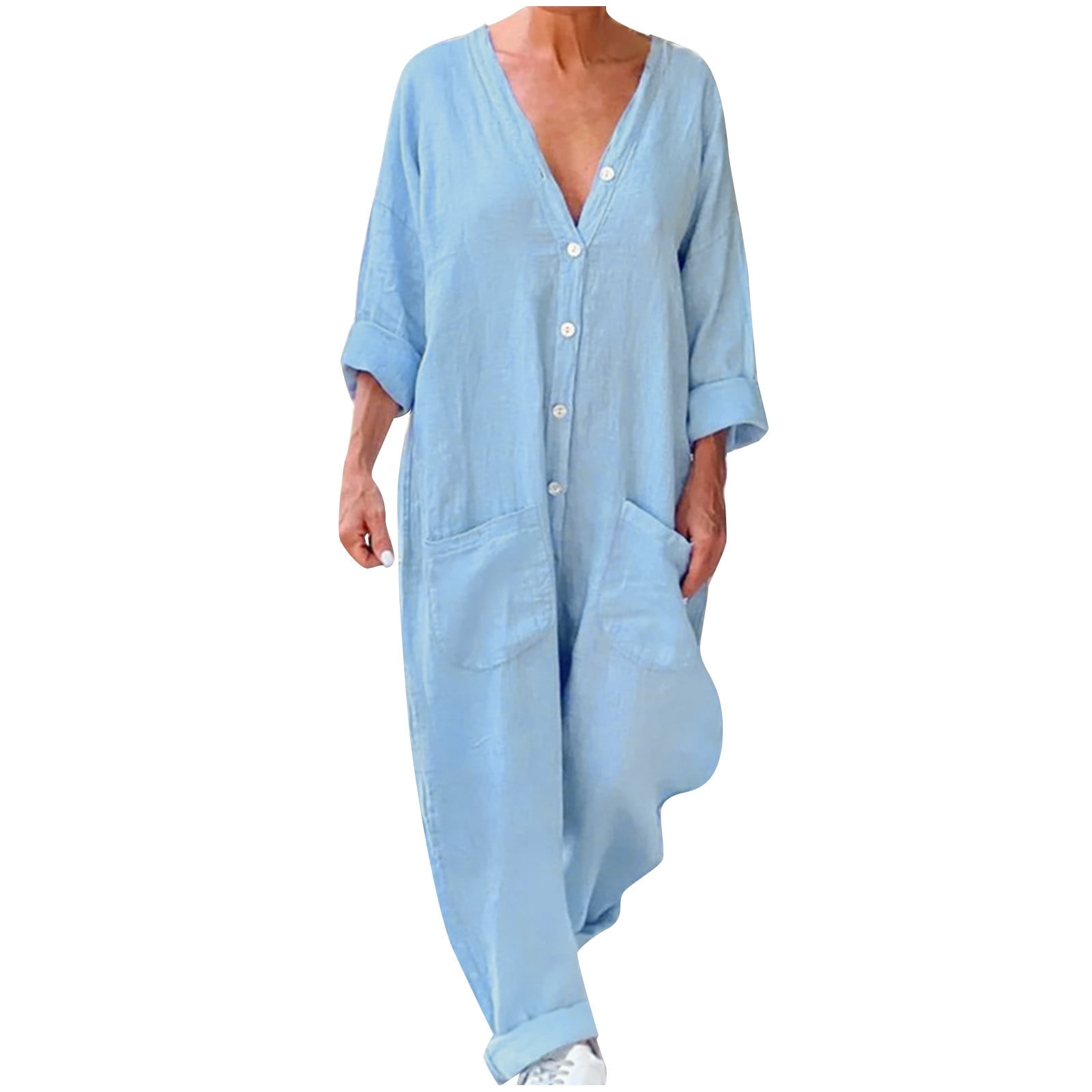 BLTIBY Cotton Linen Women's Long Sleeve Jumpsuits Button Solid Ladies ...