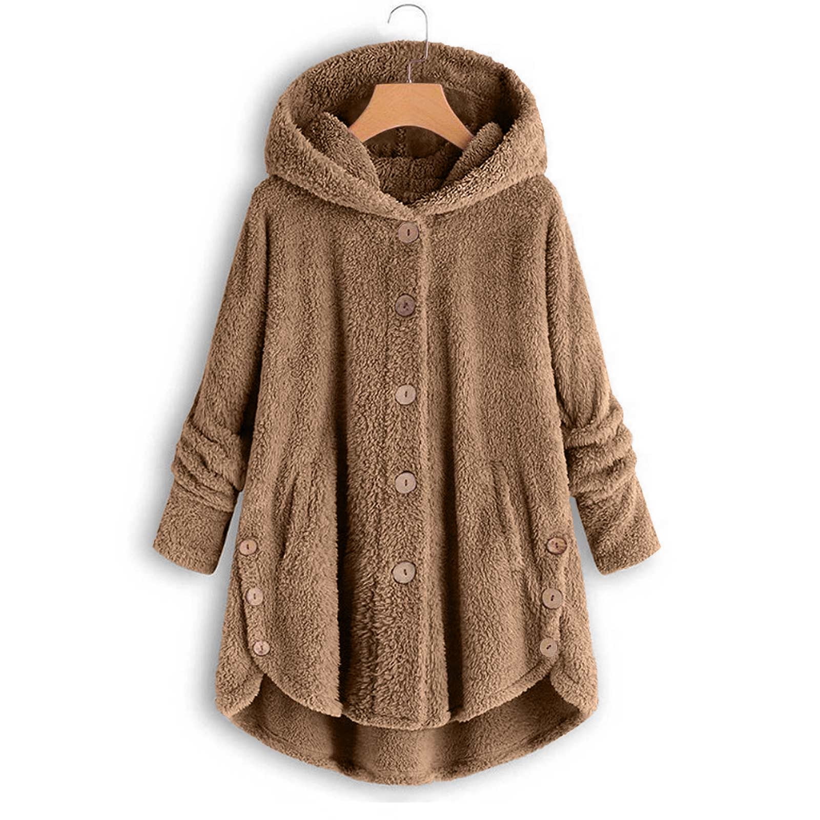 BLTIBY Fleece Jacket for Women 2024 Trendy Button Hooded Solid Colour ...