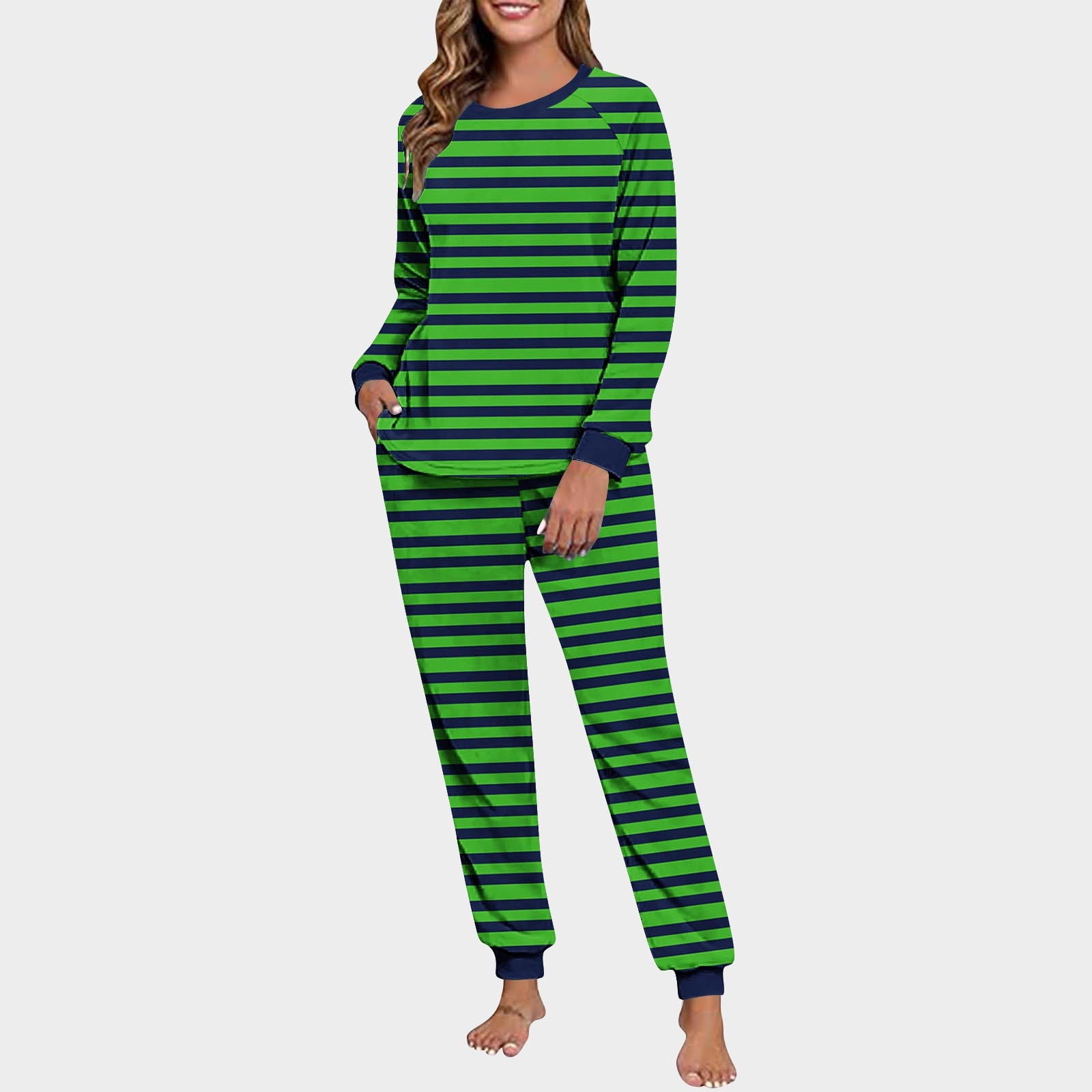 BLTIBY Fleece Pajama Sets for Women 2 Piece Crew Neck Striped Printed ...