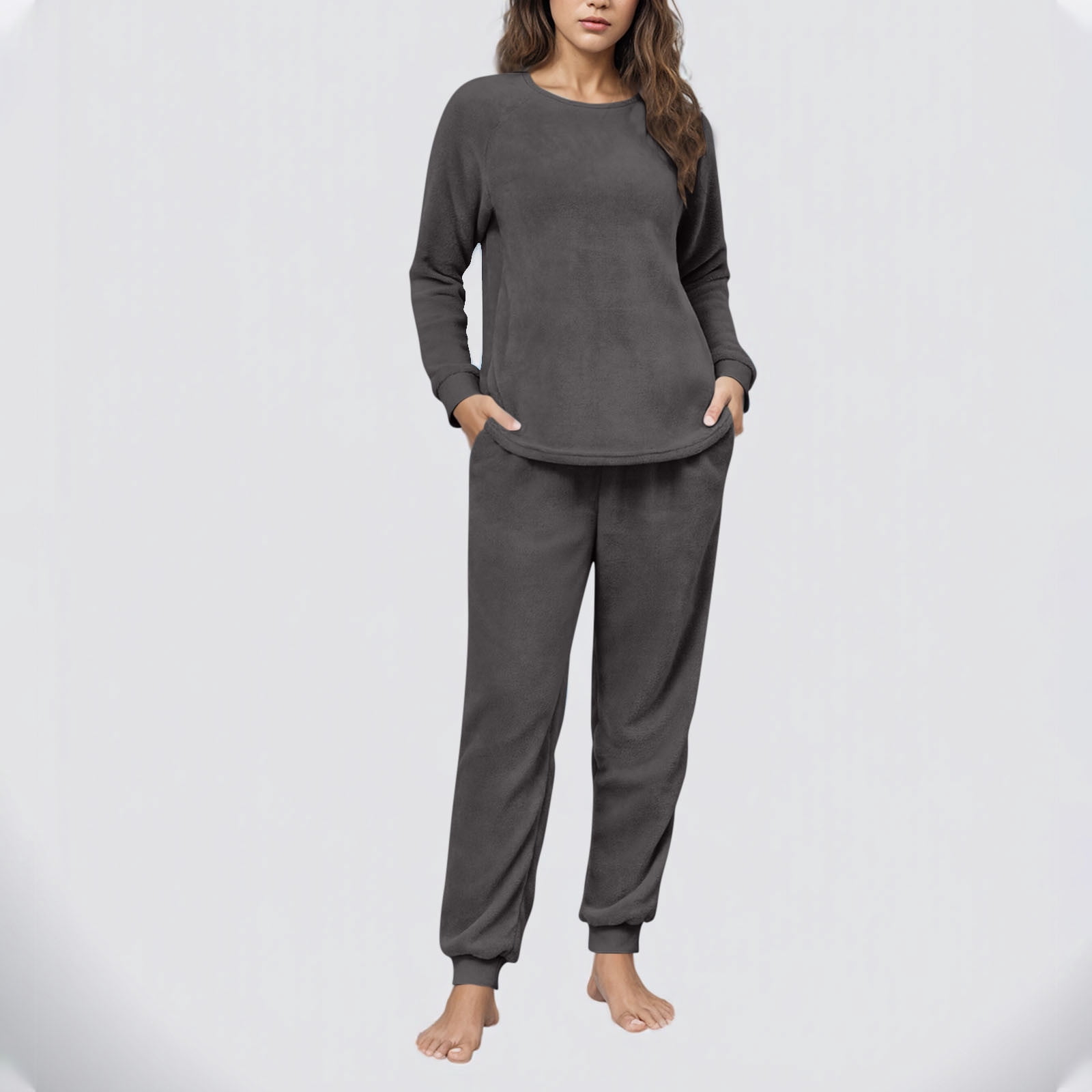 BLTIBY Fleece Pajama Sets for Women 2 Piece Crew Neck Fuzzy Long Sleeve ...