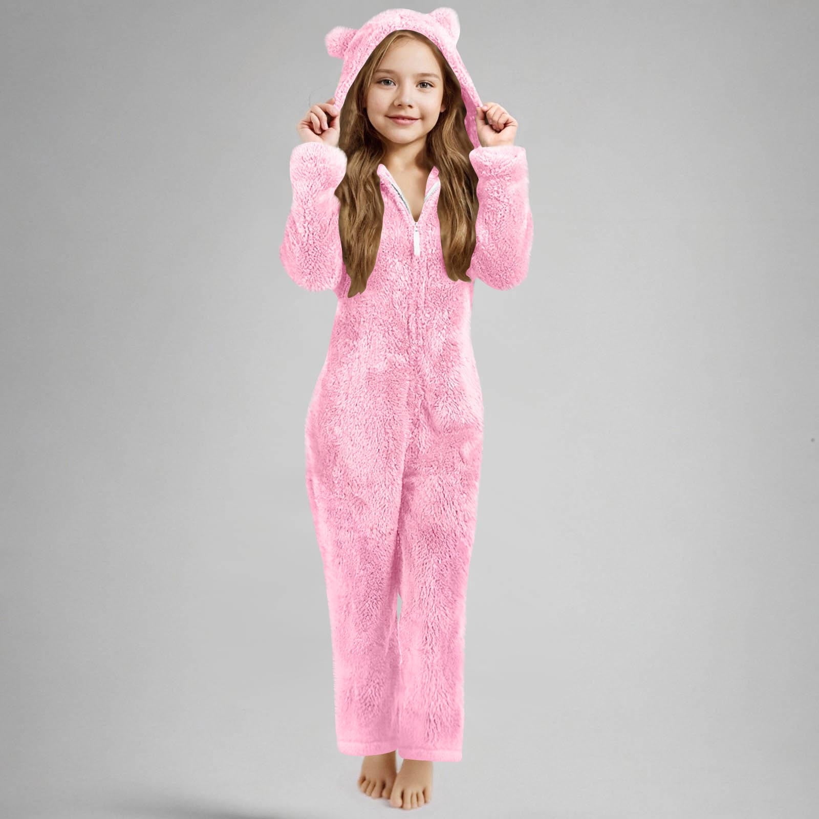 BLTIBY Fleece Pajamas Rompers for Girls Full Zip Fuzzy Furry Onesie ...