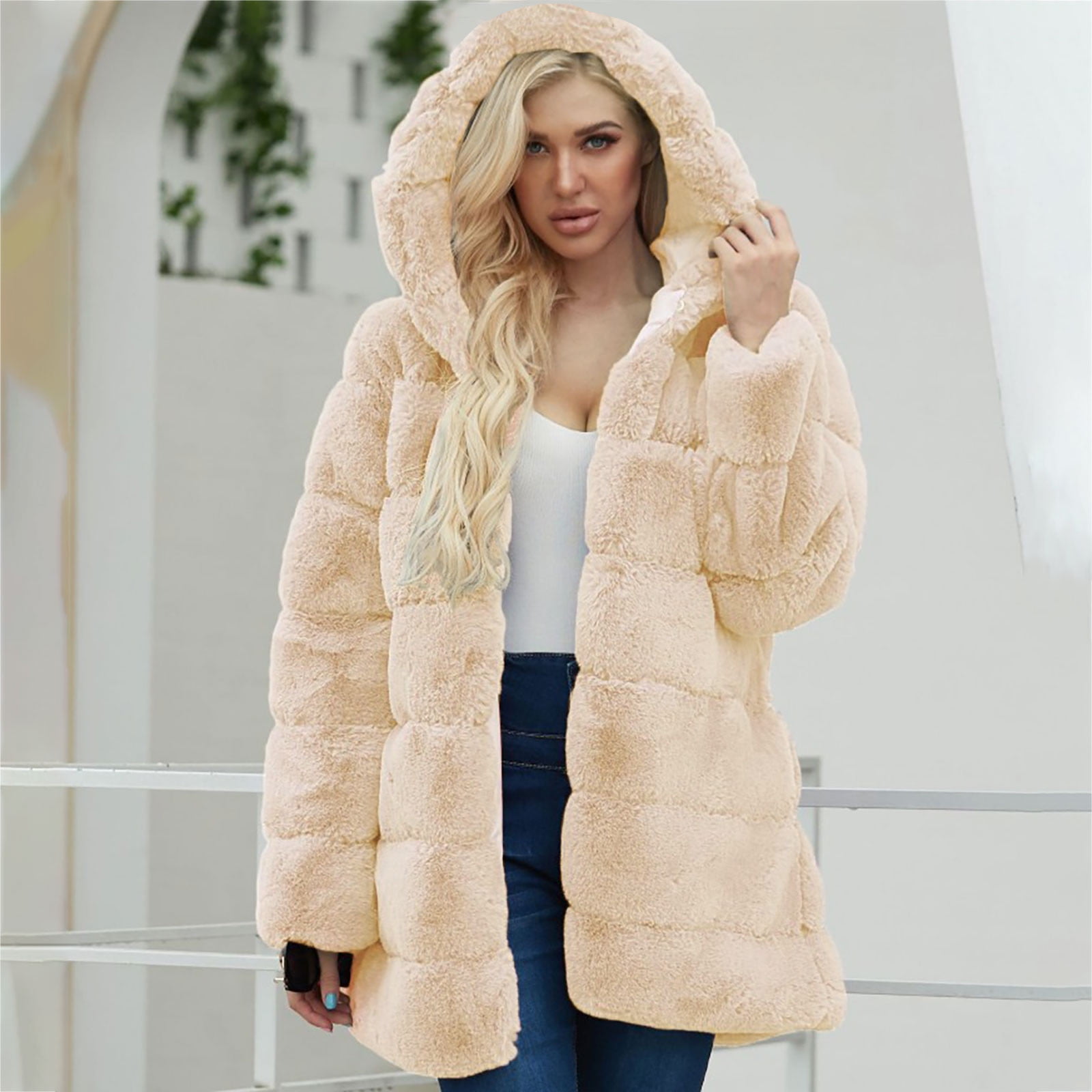 BLTIBY Fur Coat for Women Hooded,Faux Furry Cropped Fluffy Jacket Winter Fall Open Front Coats ...