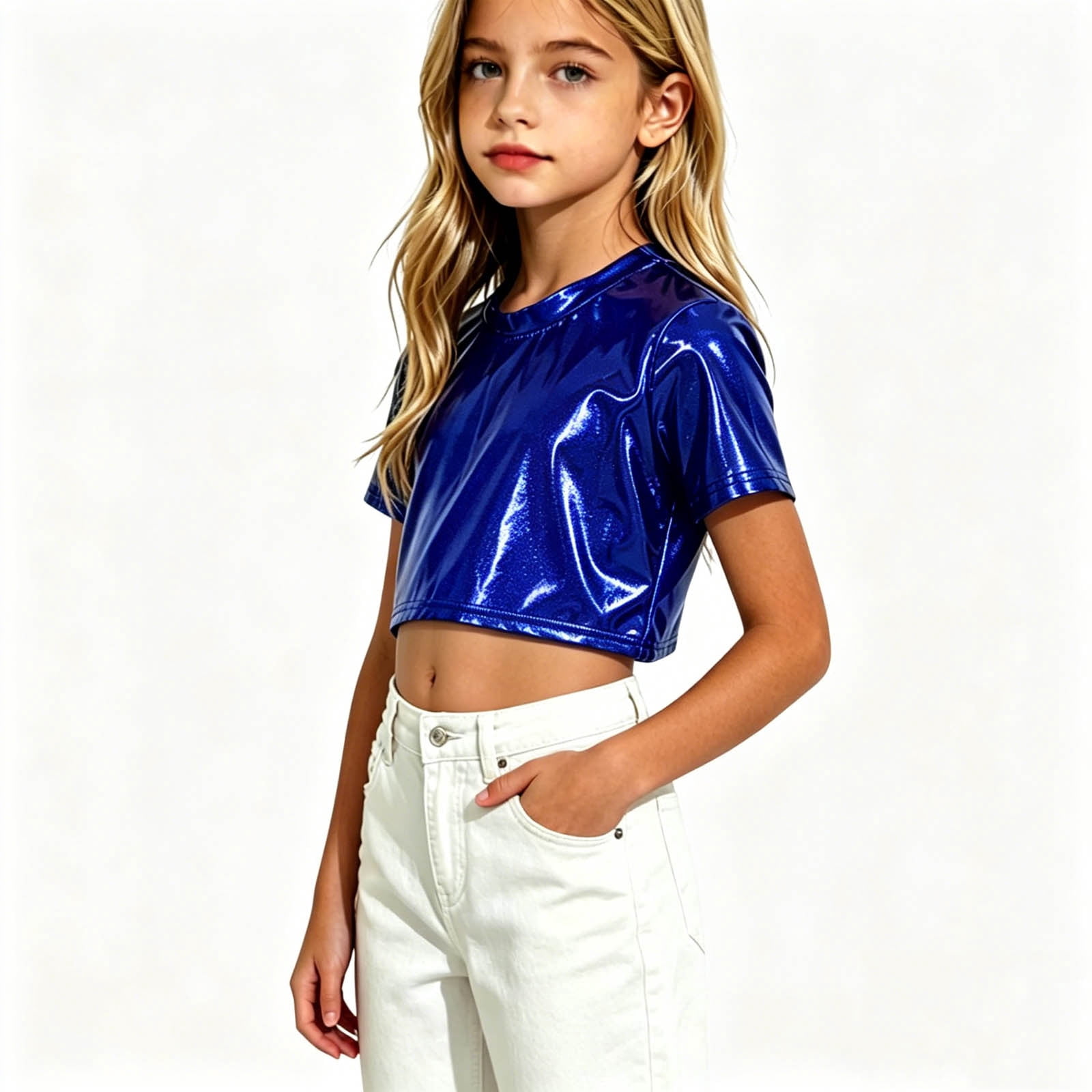 BLTIBY Girl's Shiny Metallic Crop Tee Top Short Sleeve Round Neck ...