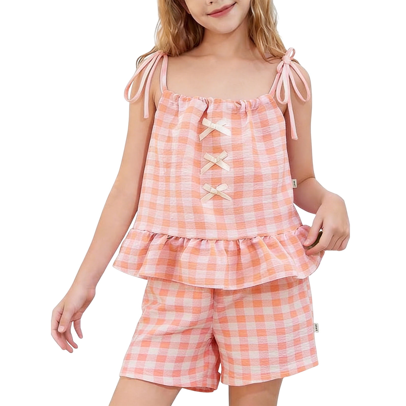 BLTIBY Girl's Two Piece Summer Outfits Checkered Printed Lace-up ...