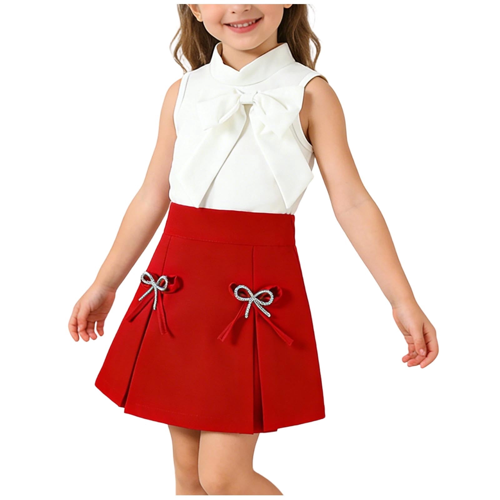 BLTIBY Girls 2 Piece Outfits Summer Stand Collar Sleeveless Bow Tank ...