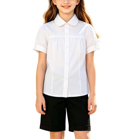 BLTIBY Girls Doll Collared Cotton Blouse Short Sleeve Pleated Front ...