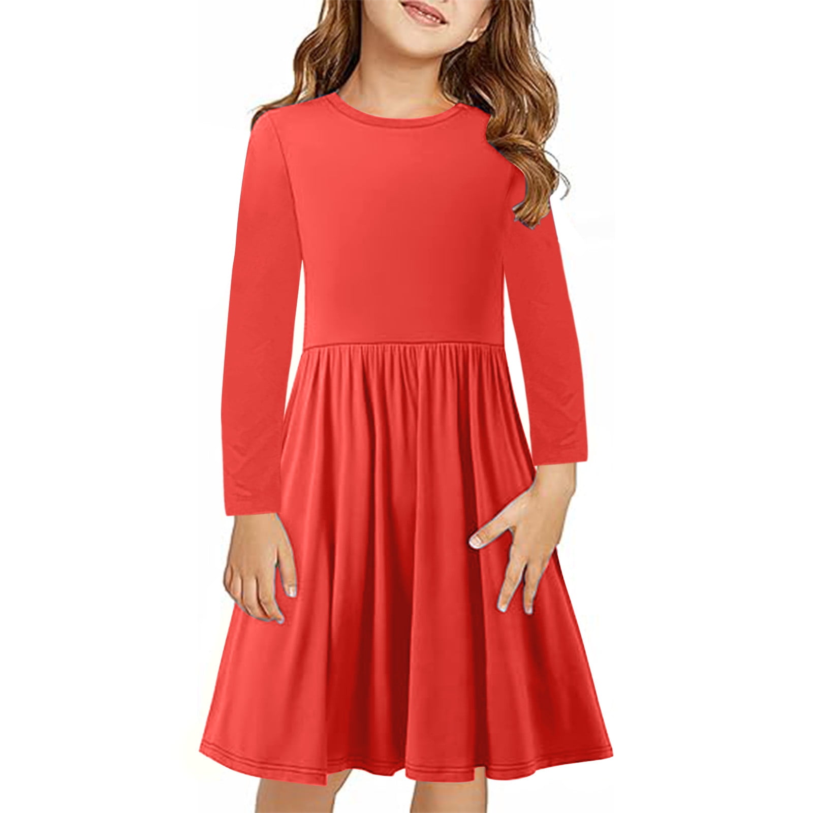 BLTIBY Girls Everyday Dress Long Sleeve Round Neck Toddler Solid Color Fall Spring A-Line Flowy ...