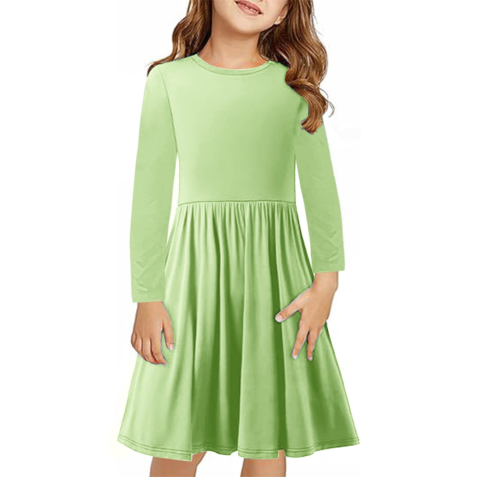 BLTIBY Girls Everyday Dress Long Sleeve Round Neck Toddler Solid Color ...