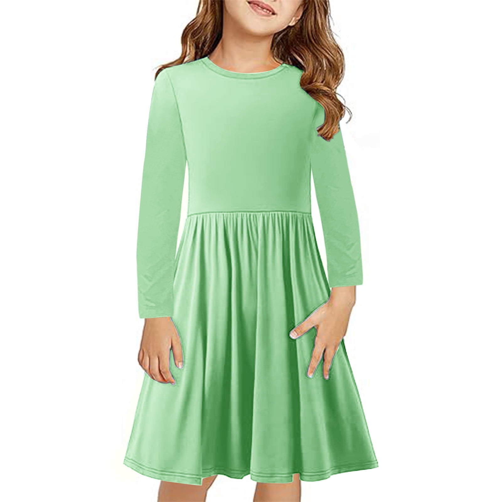 BLTIBY Girls Everyday Dress Long Sleeve Round Neck Toddler Solid Color ...
