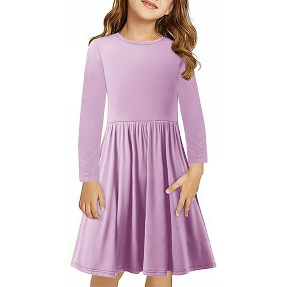 BLTIBY Girls Everyday Dress Long Sleeve Round Neck Toddler Solid Color ...