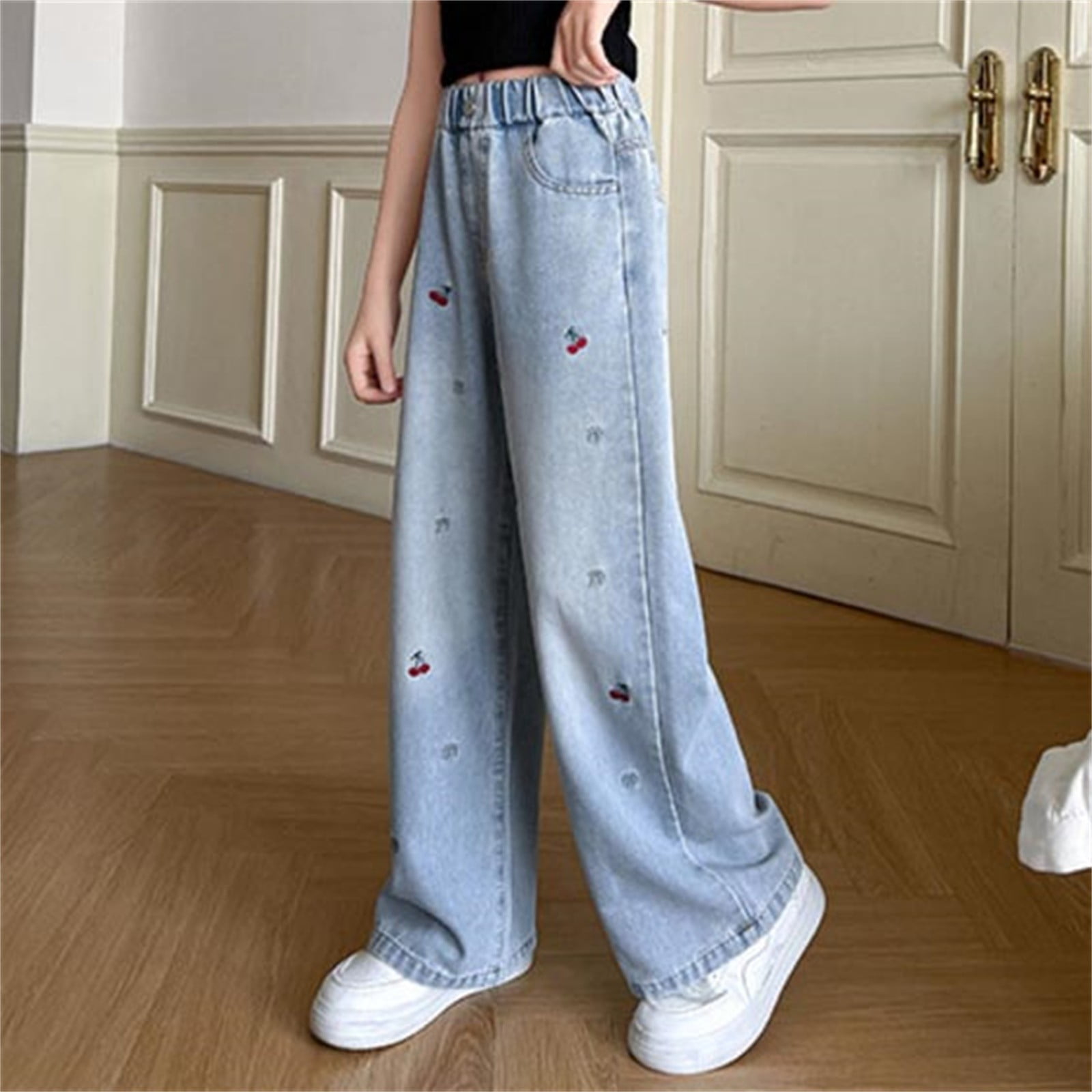 BLTIBY Girls Jeans Baggy High Waist Straight Leg Wide Leg Denim Pant ...