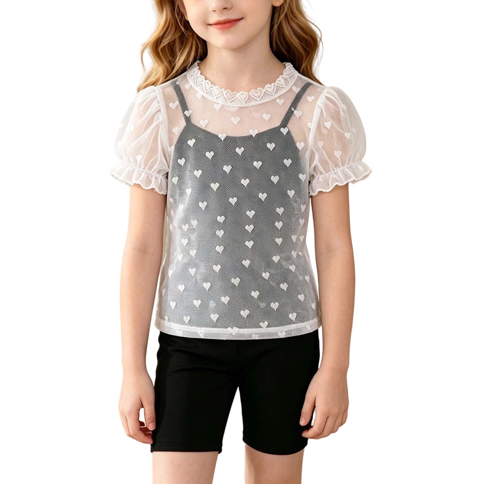 BLTIBY Girls Lace Layering Tops Sheer Mesh Round Neck Short Sleeve Tee ...