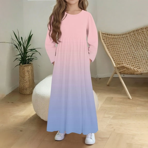 BLTIBY Girls Long Sleeve Dresses Casual Round Neck Gradient Printed ...