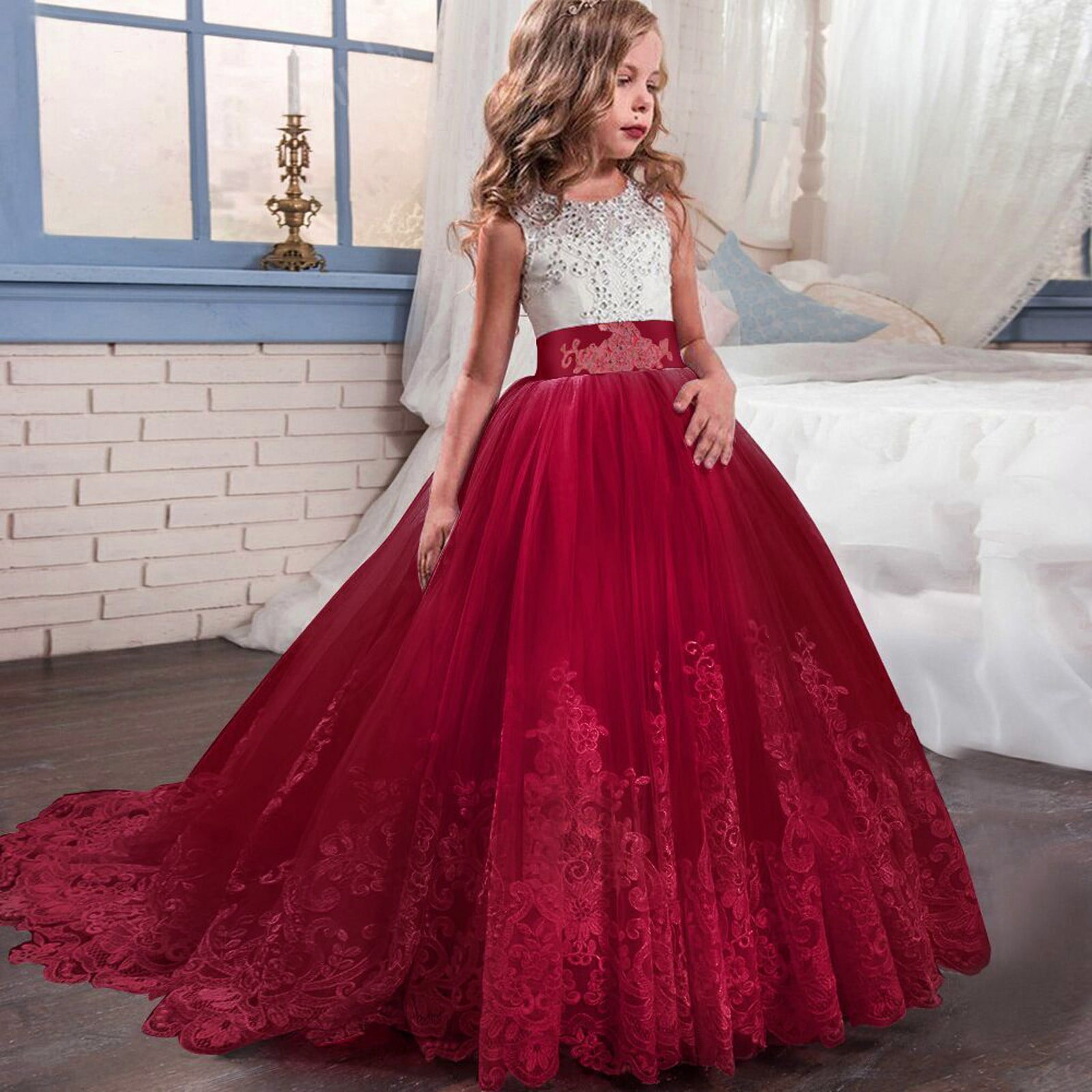 BLTIBY Girls Princess Long Pageant Dresses Kids Prom Puffy Tulle Ball ...