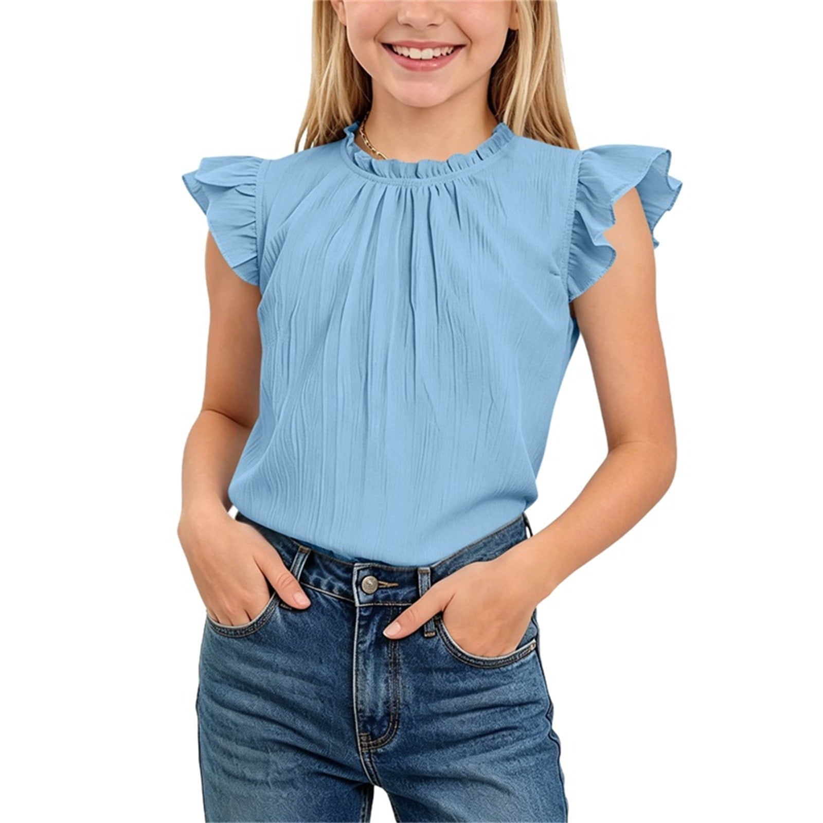 BLTIBY Girls Ruffle Sleeve Tops Pleated Crew Neck T-Shirts Summer Comfy ...