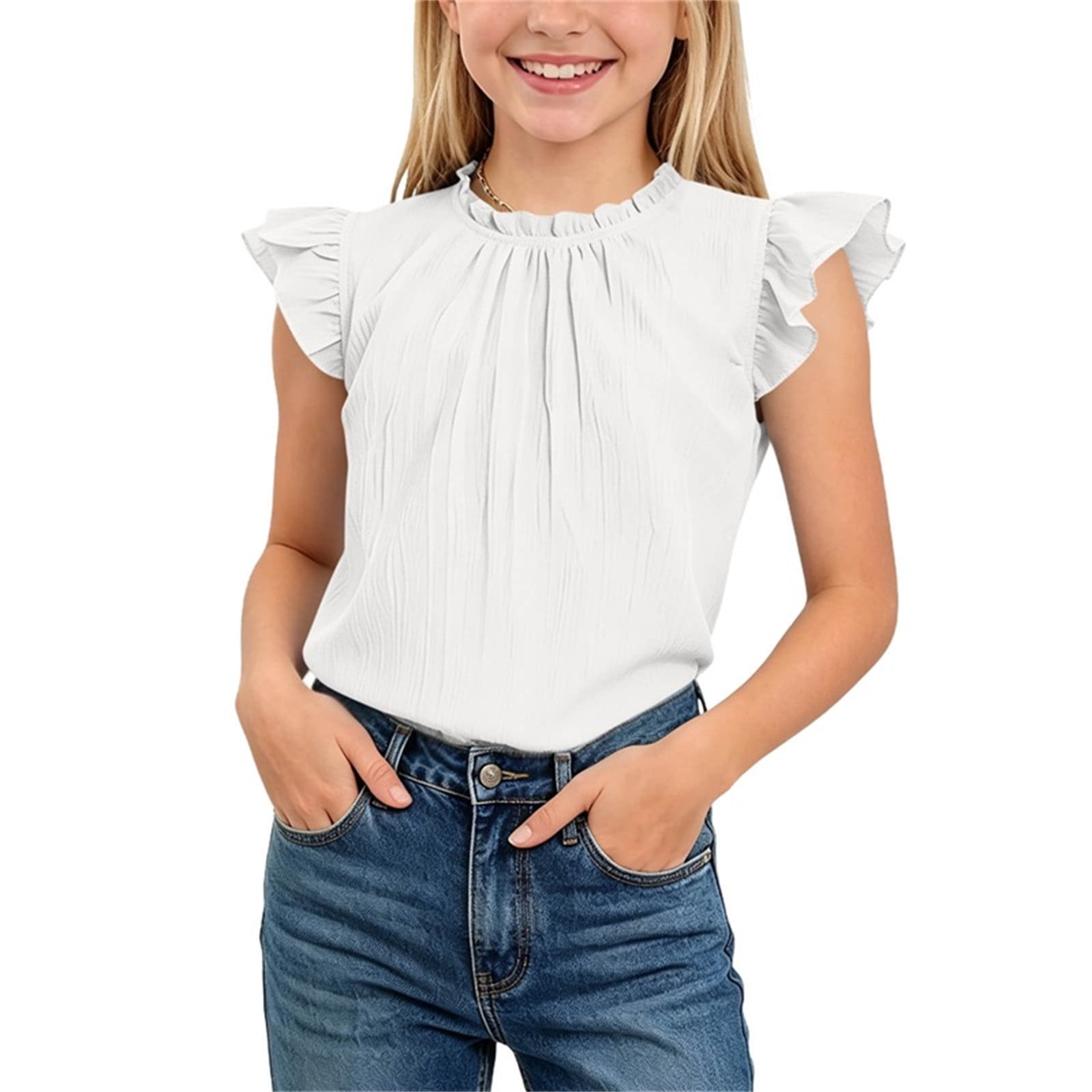 BLTIBY Girls Ruffle Sleeve Tops Pleated Crew Neck T-Shirts Summer Comfy ...