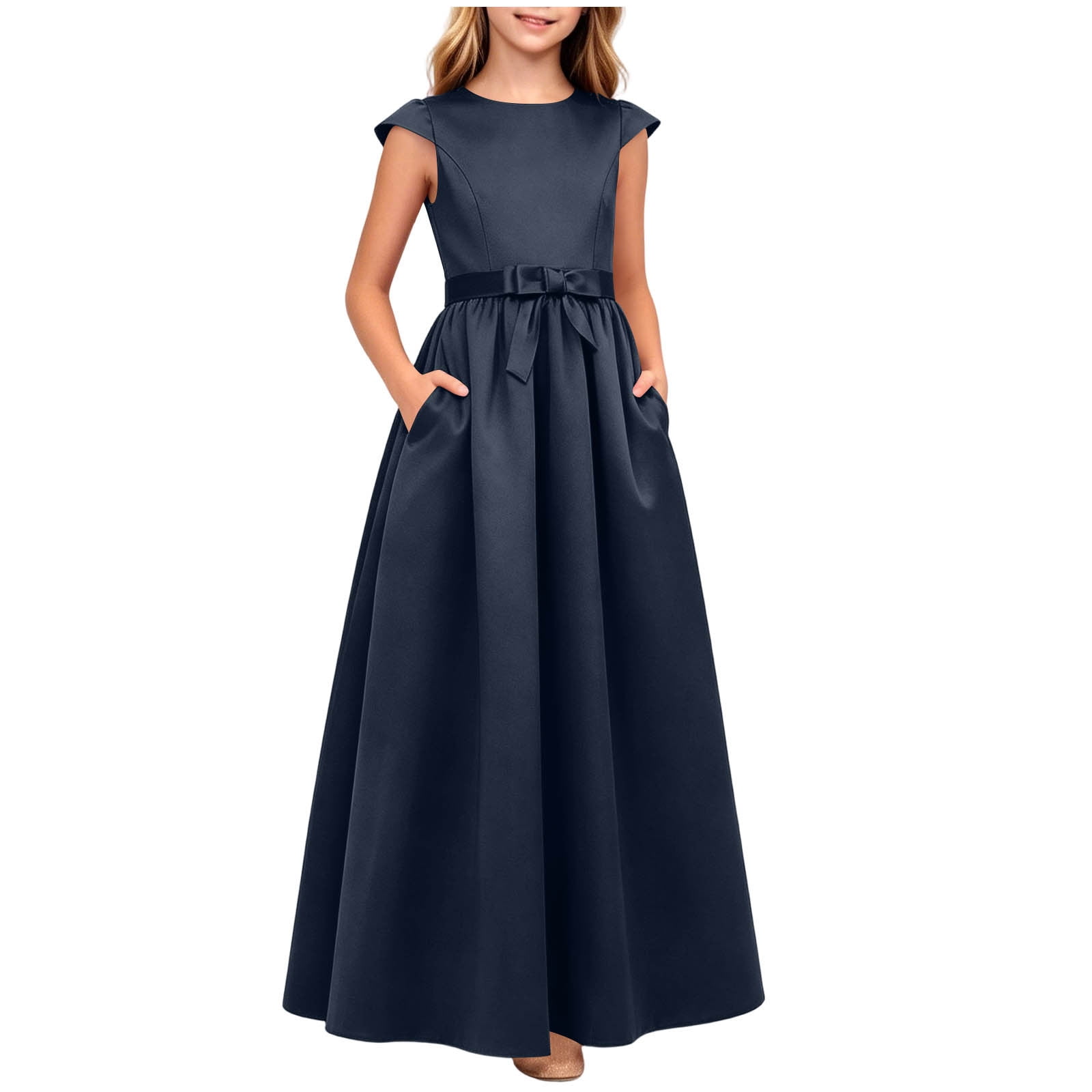 BLTIBY Girls Satin Formal Dress with Pockets Sleeveless Evening Party ...