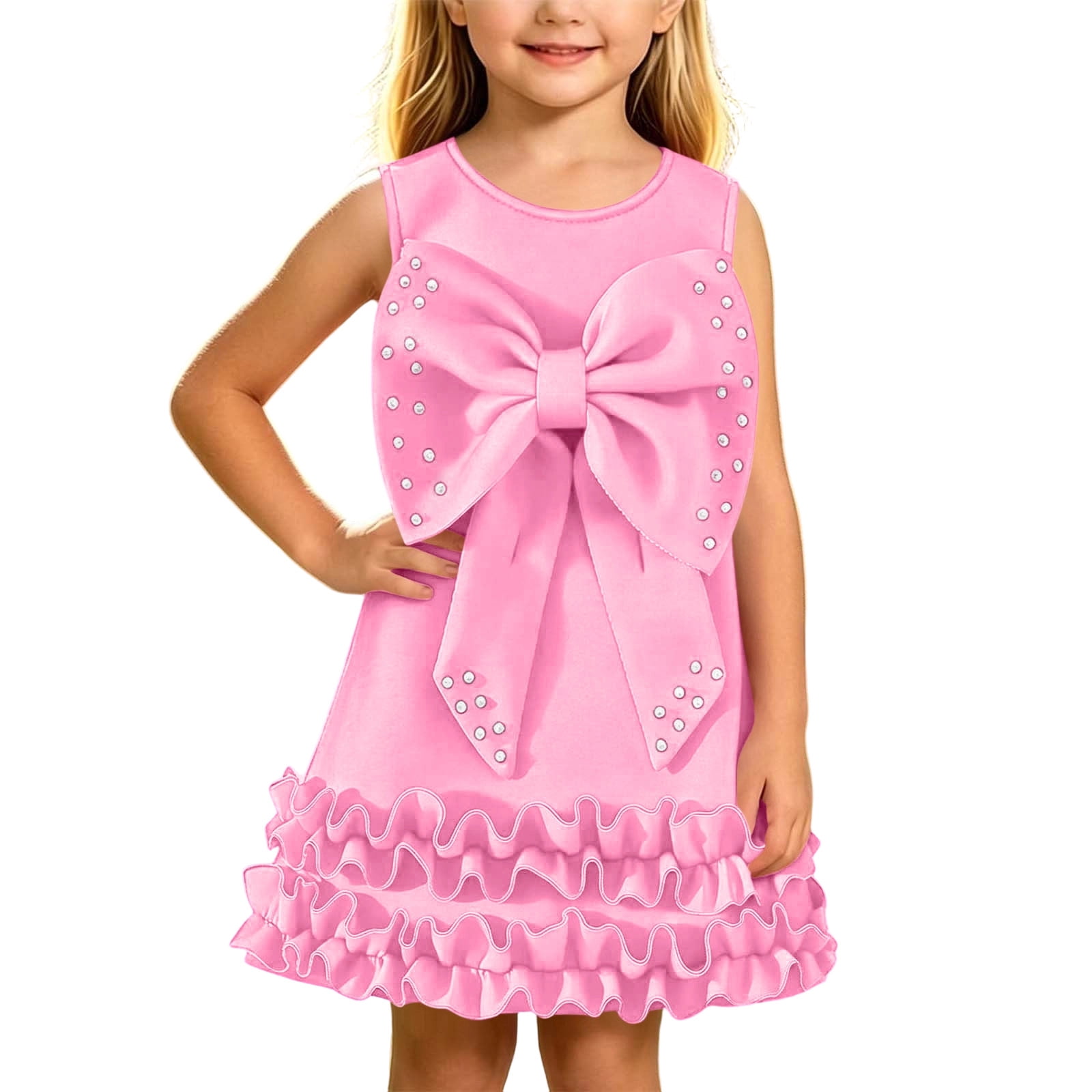 BLTIBY Girls Sleeveless Dresses Pearl Embellished Bow Ruffled Hem Round ...