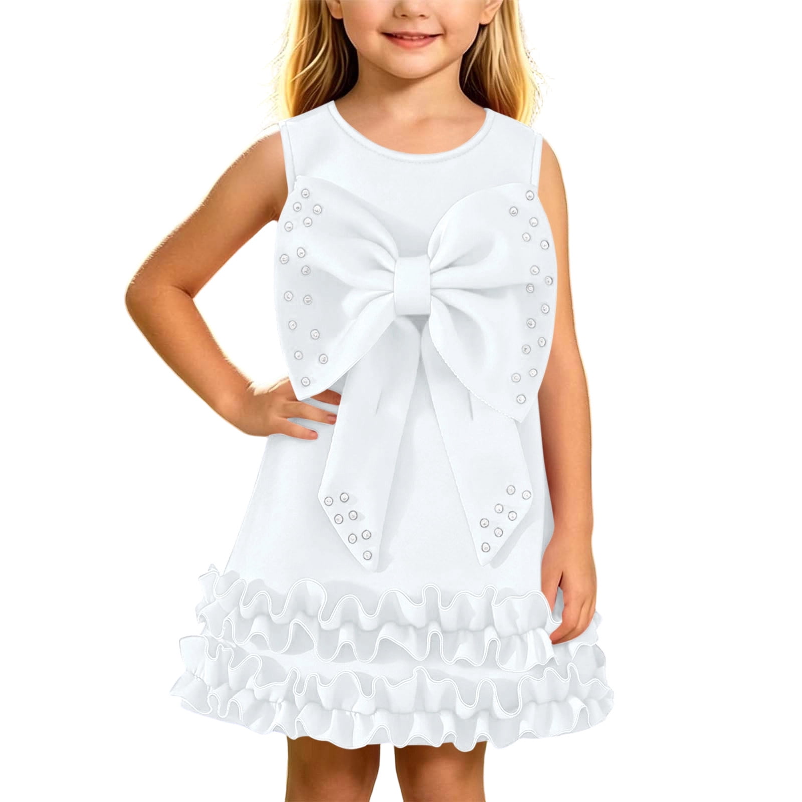 BLTIBY Girls Sleeveless Dresses Pearl Embellished Bow Ruffled Hem Round ...