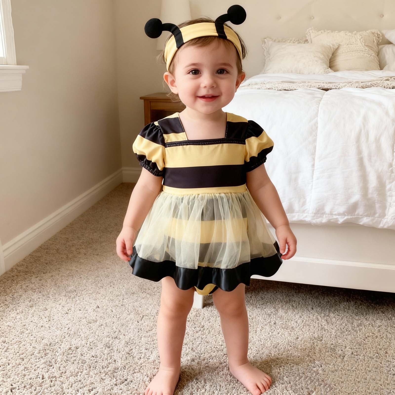 BLTIBY Girls' Summer Bee-Themed Dress Set Short Sleeve One-Piece Romper ...