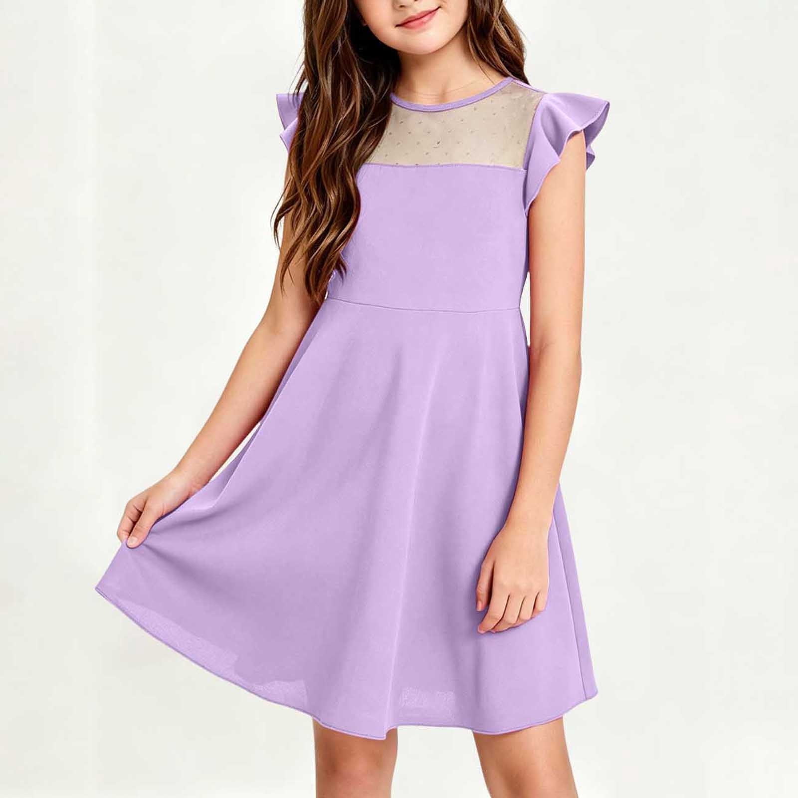BLTIBY Girls Summer Dress Ruffle Sleeve Mesh A Line Casual Party ...