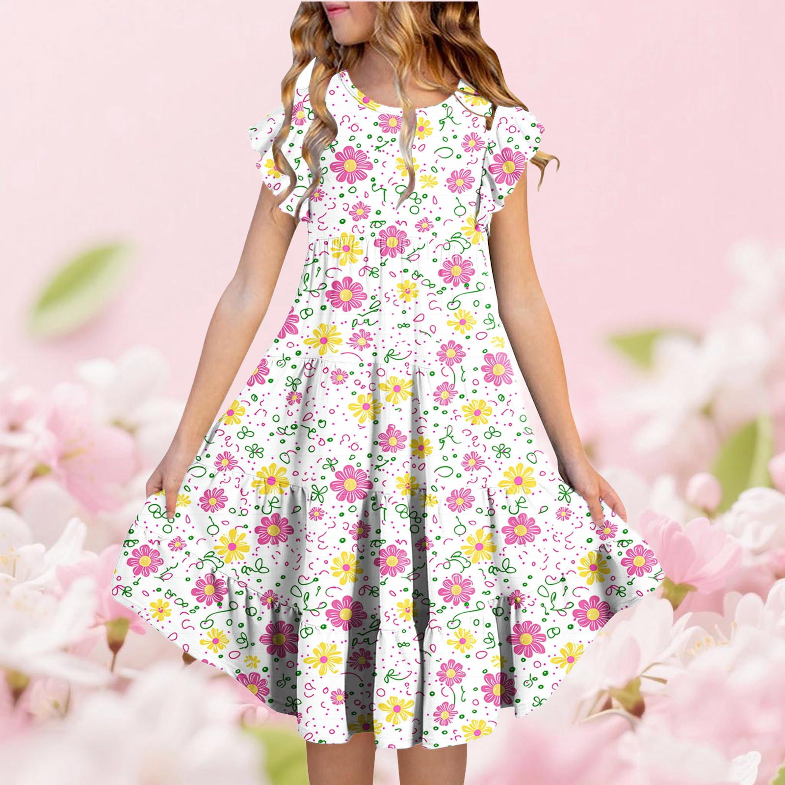 BLTIBY Girls Summer Floral Dresses Kids Cute Ruffle Sleeve Flowy Tiered ...