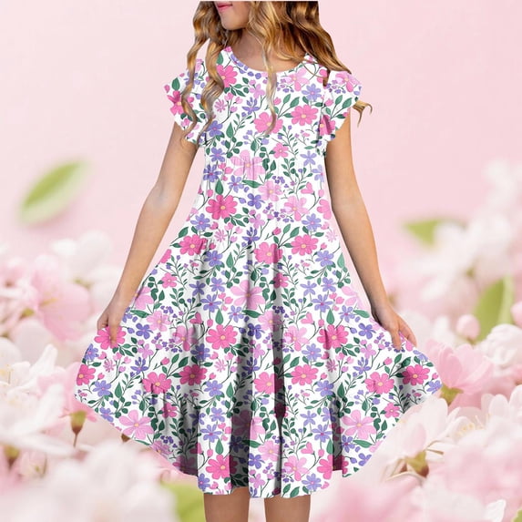 BLTIBY Girls Summer Floral Dresses Kids Cute Ruffle Sleeved Flowy ...