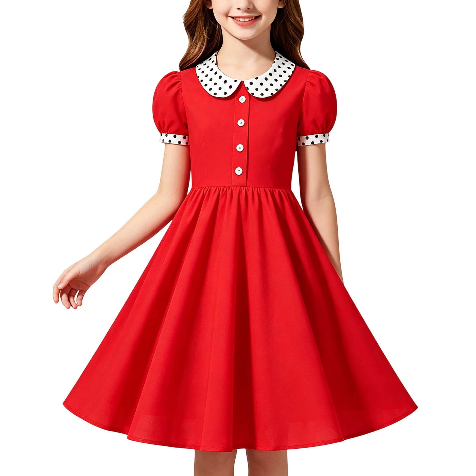 BLTIBY Girls Vintage Dress 50s Retro Leck Button Dresses Short Sleeve A ...