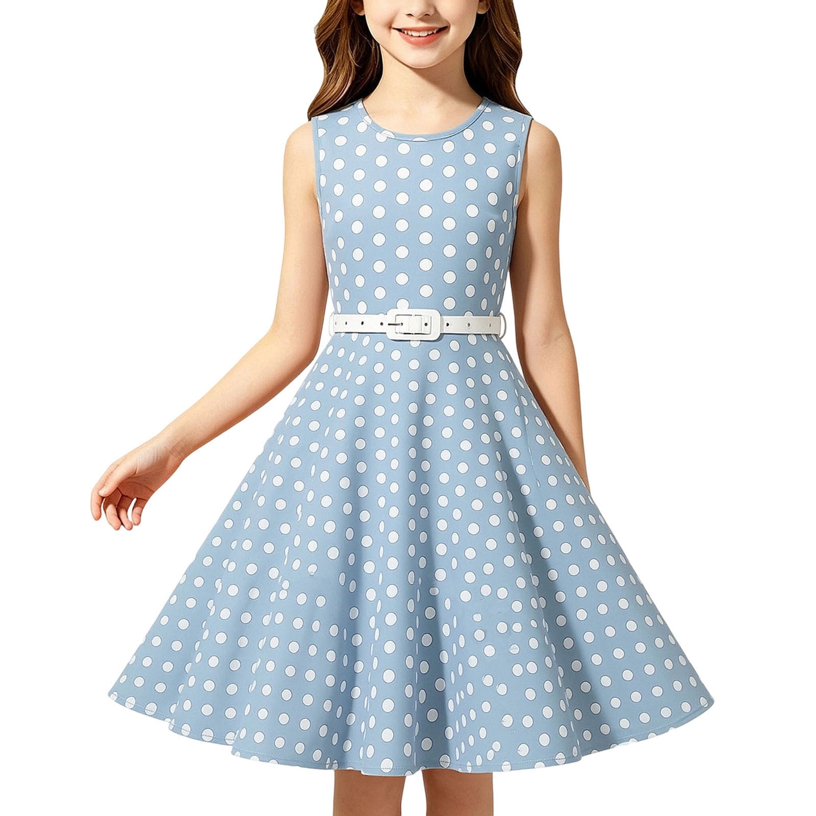BLTIBY Girls Vintage Dress 50s Retro Round Neck Dresses Sleeveless ...