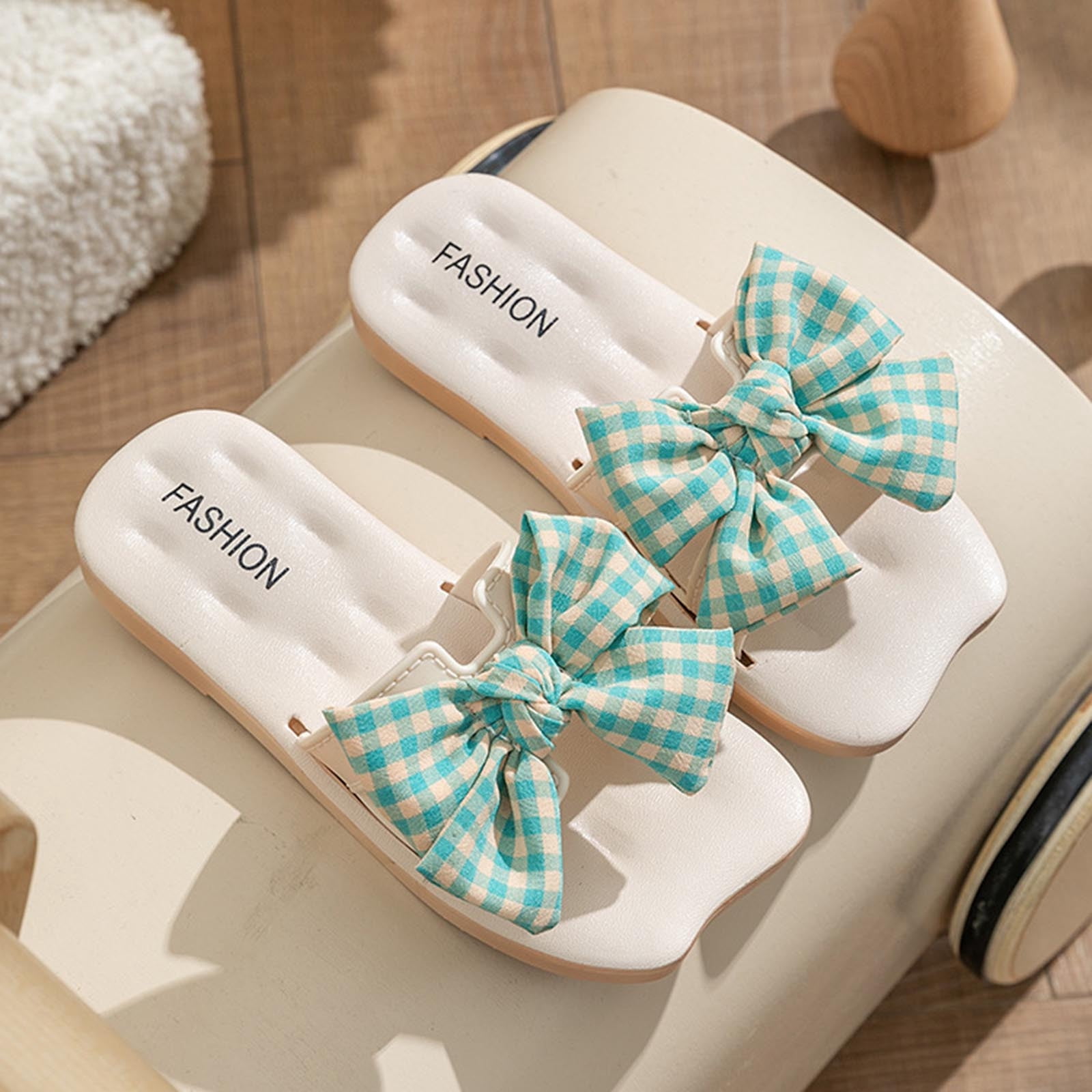 BLTIBY Kids Summer Open Toe Slipper Girls Check Printed Bow Cool Low ...