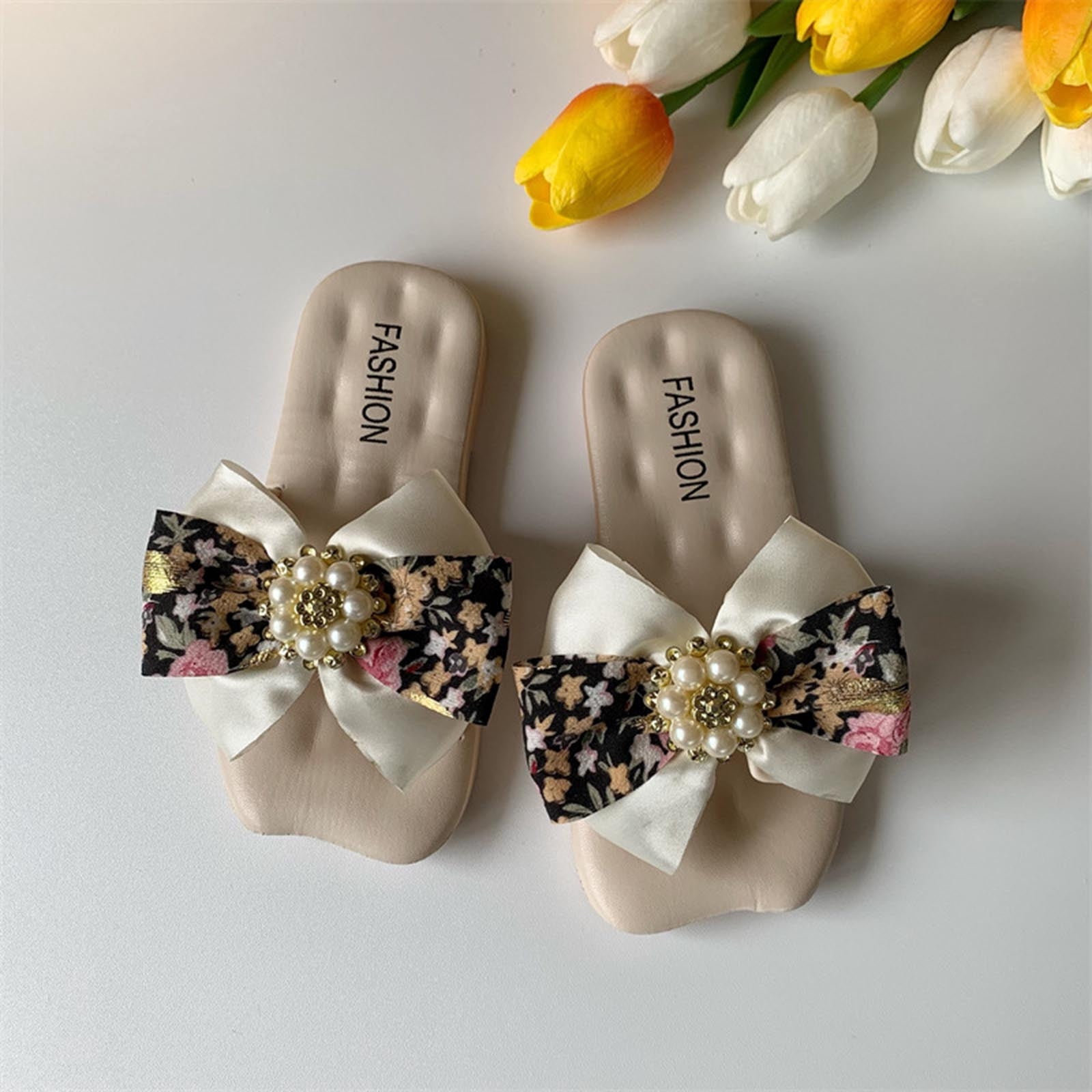 BLTIBY Kids Summer Open Toe Slipper Girls Pearl Bow Cool Flat Slide ...