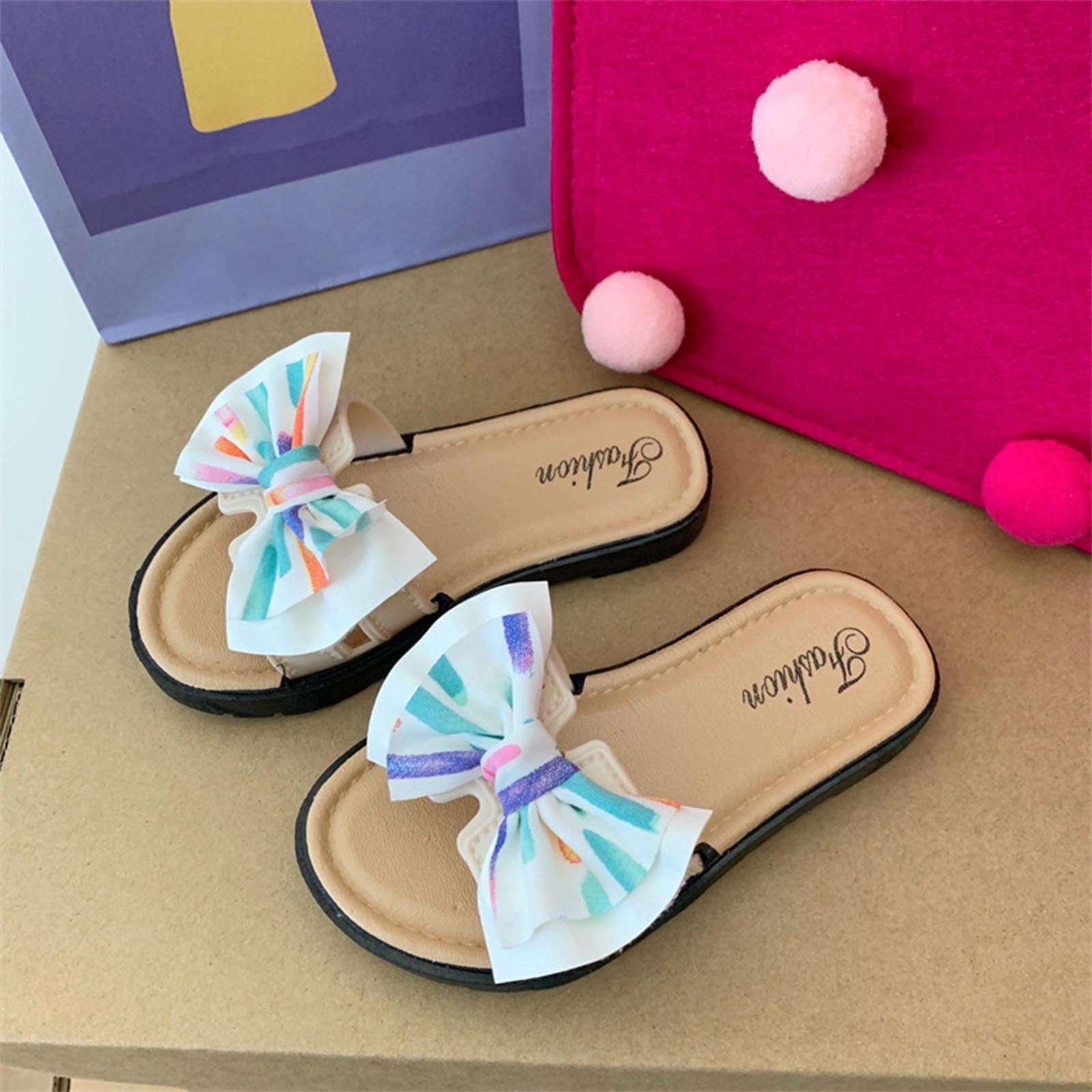 BLTIBY Kids Summer Open Toe Slipper Girls Stripe Bow Cool Low Heel ...