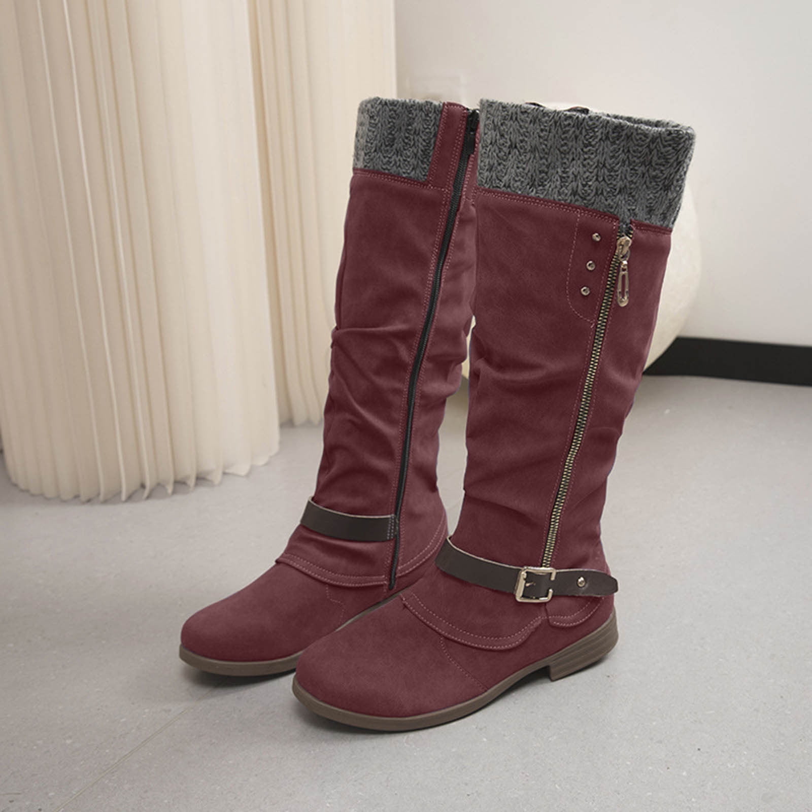 BLTIBY Knee High Boots for Women Knitted Ruched Cuff Snow Boot Side Double Zipper Vintage Winter ...