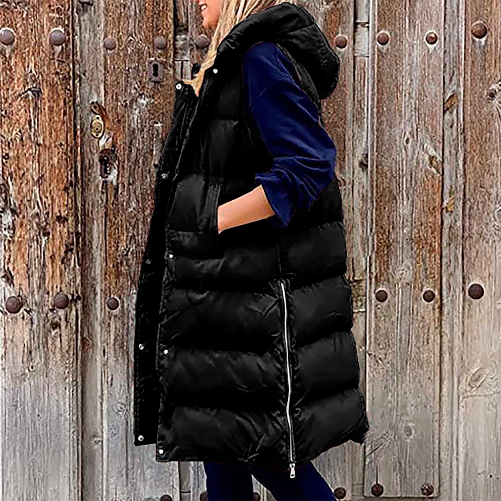 BLTIBY Long Puffer Vest for Women Quilted Hooded Button Down Zip Up ...