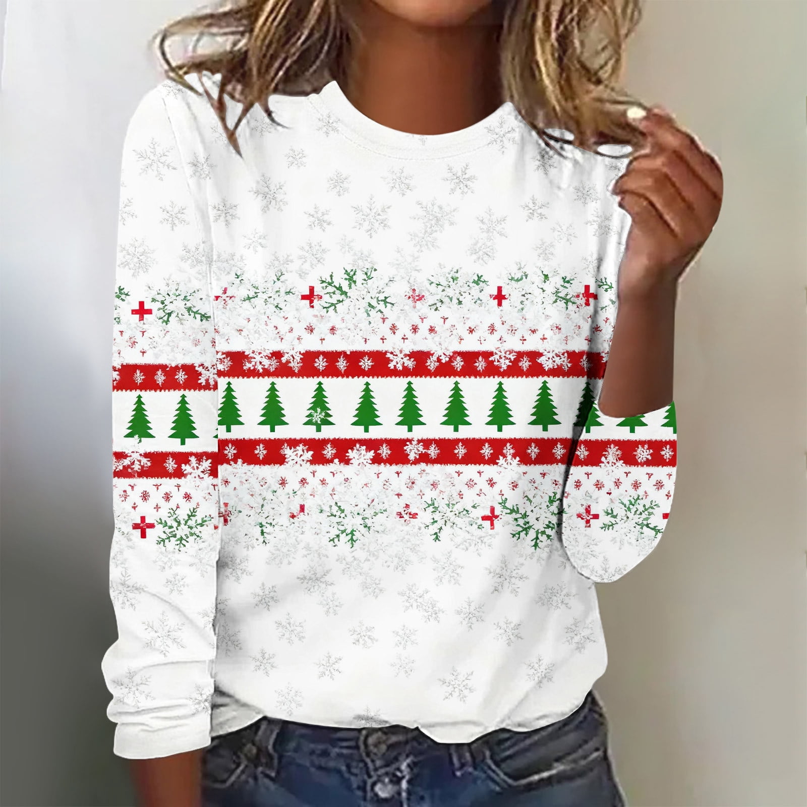 BLTIBY Long Sleeve Christmas Tops for Women Dressy Pullover Round Neck ...